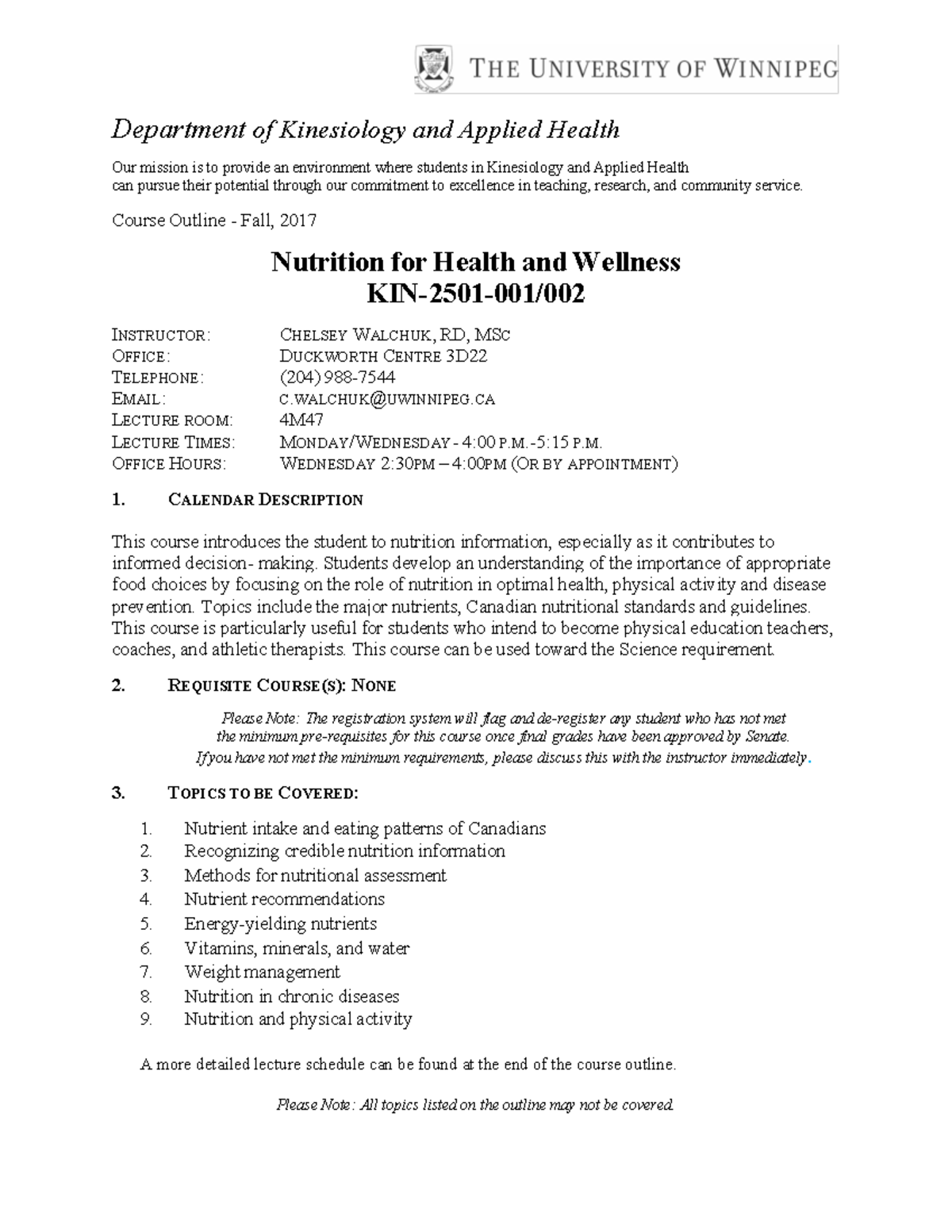 KIN 2501-001 Nutrition for Health and Wellness Course Outline ...
