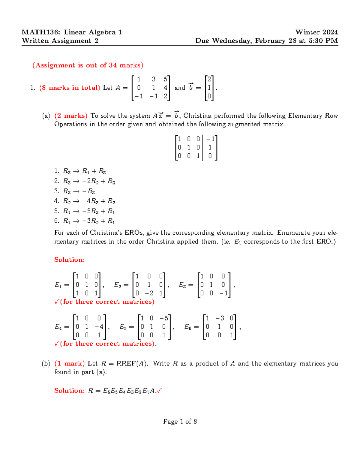 MATH 136 WA2 solution - Written Assignment 2 Due Wednesday, February 28 ...