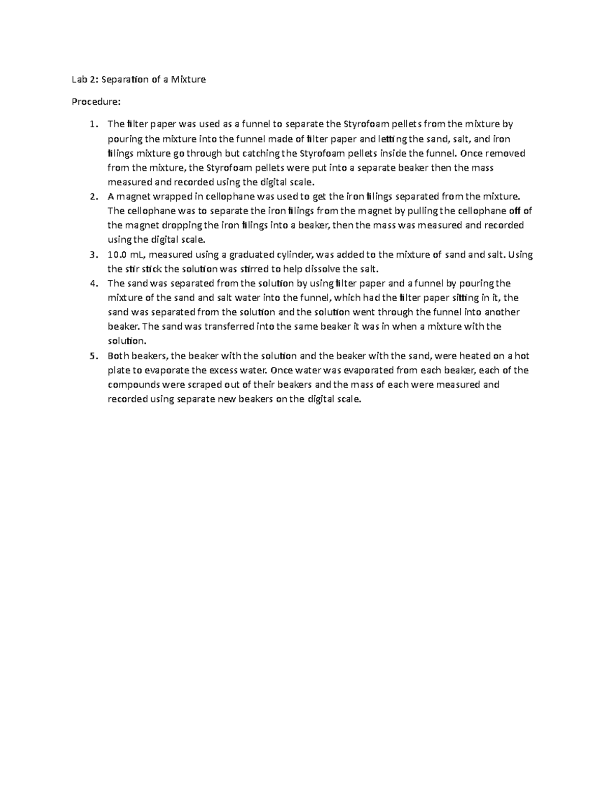 CHE 105 - Lab 2 - Procedure - Lab 2: Separation of a Mixture Procedure ...