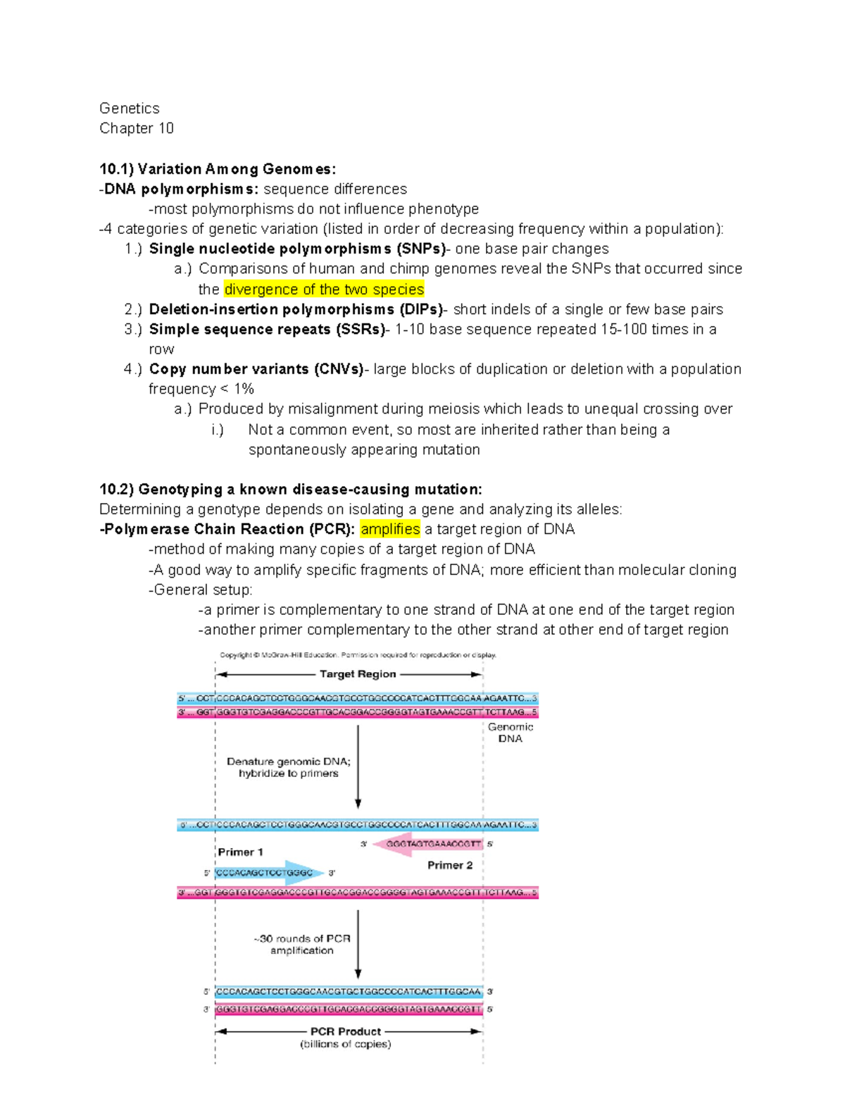 Chpt 10 genetics notes - note combination from lecture and text book ...