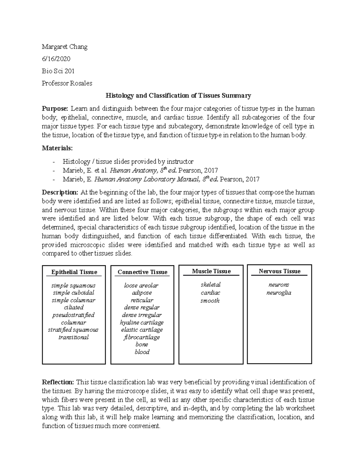 1 - Histology Summary - Margaret Chang 6/16/ Bio Sci 201 Professor ...