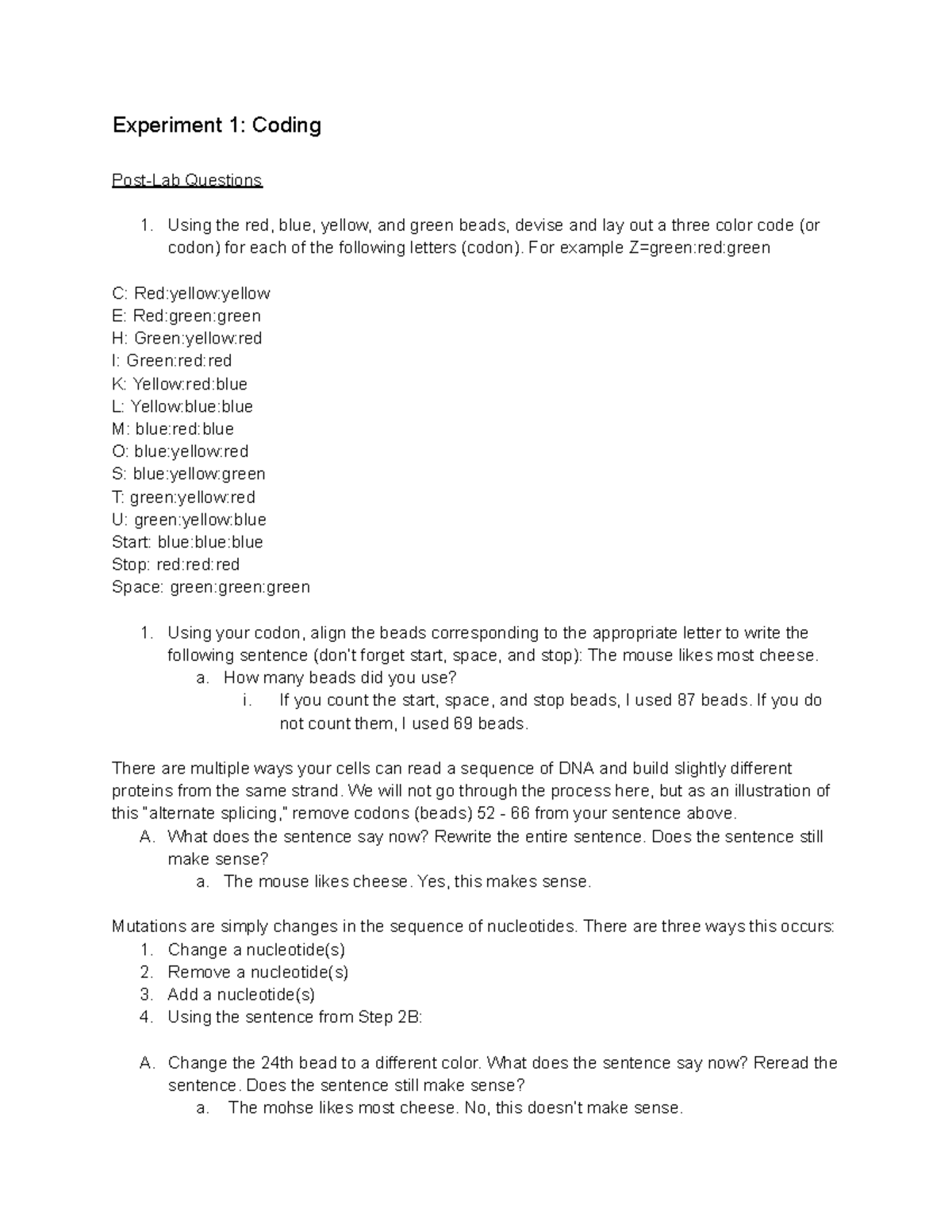Lab 13 Dna And Rna Answers Experiment 1 Coding Post Lab Questions 1 Using The Red Blue