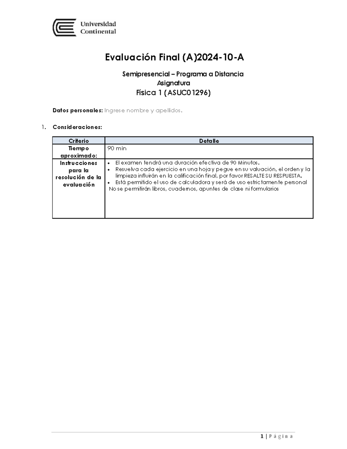 Examen Final Fisica 1 - Evaluación Final (A)2024-10-A Semipresencial – Programa a Distancia ...