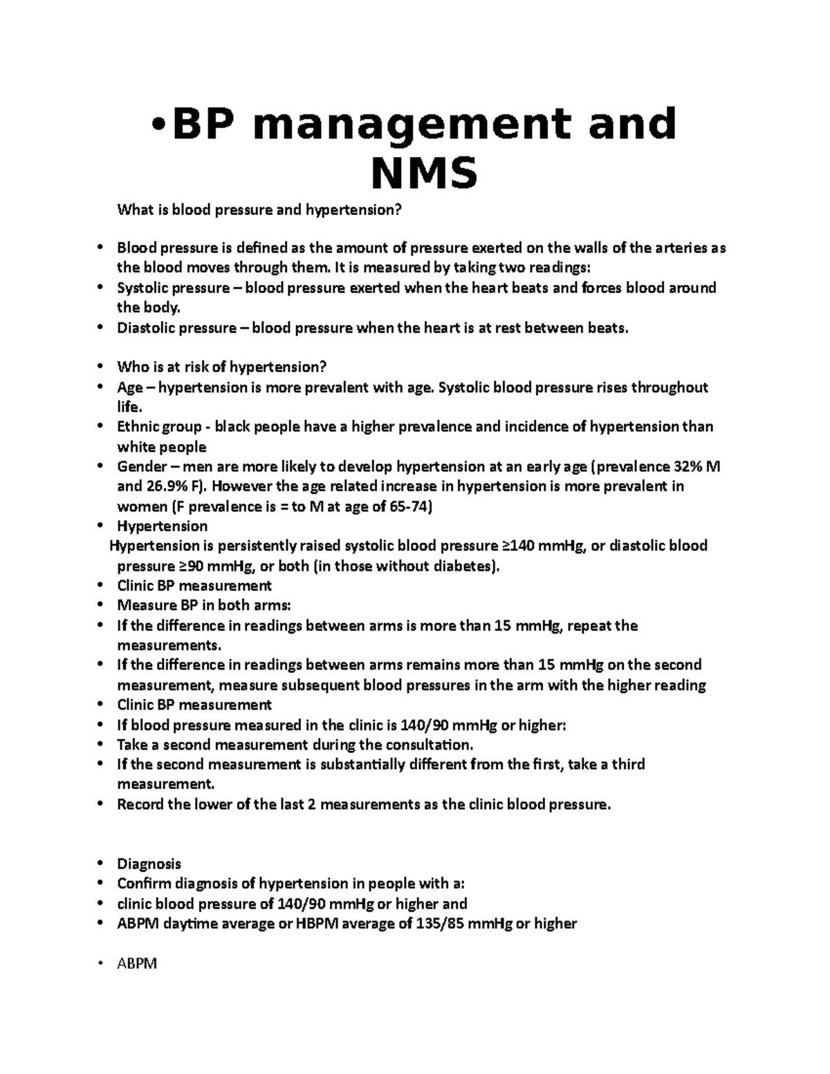 BP management and NMS - cardiorespiratory lecture notes/summary - • BP ...