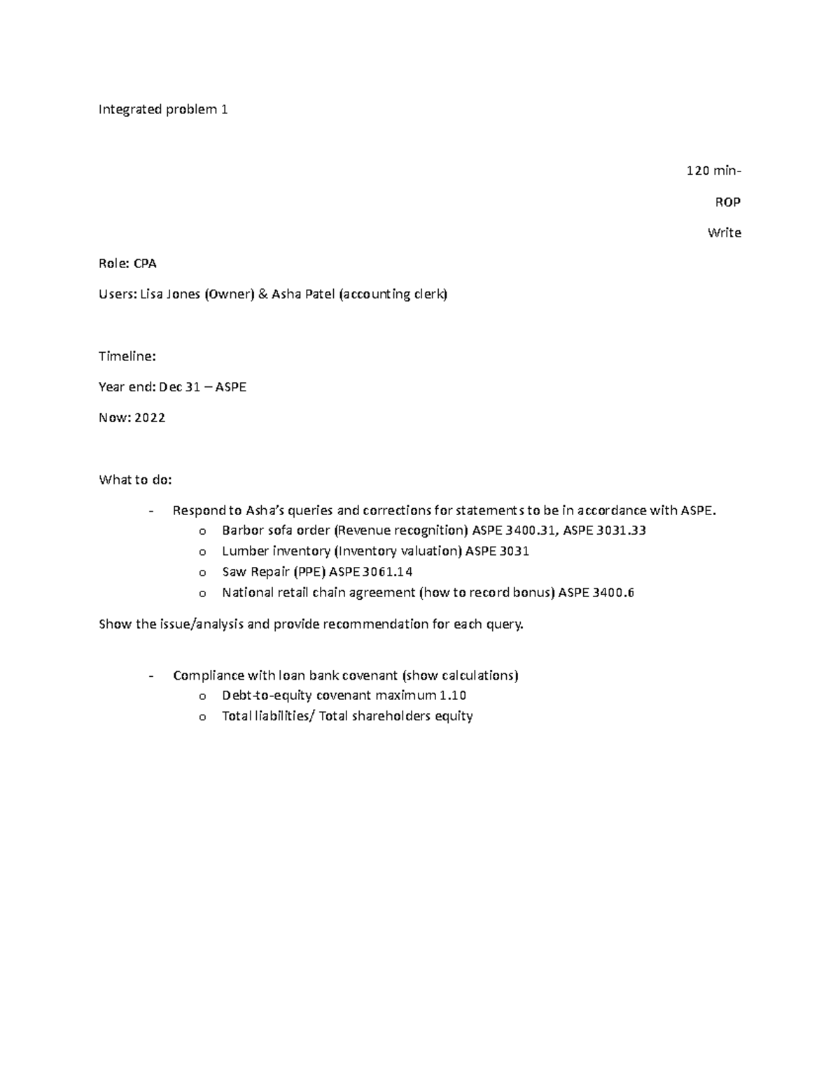 Outline CP & IP - Integrated problem 1 120 min- ROP Write Role: CPA ...