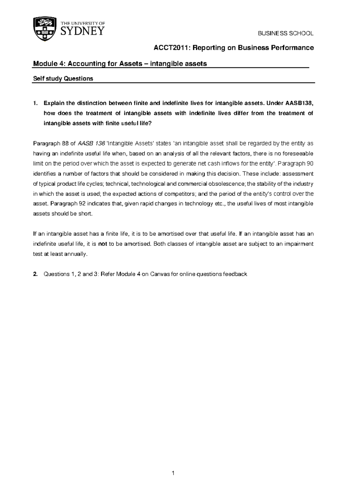 Module 4 Self Study Questions Guidance - BUSINESS SCHOOL 1 ACCT2011 ...