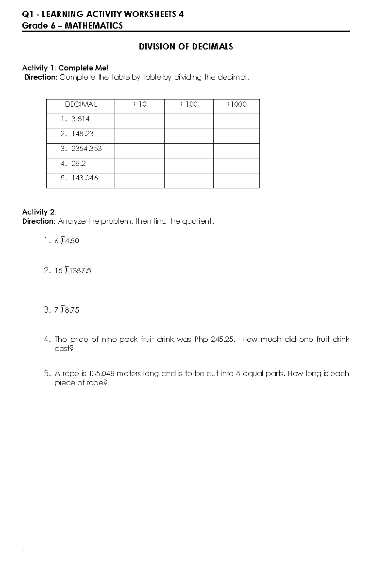 Q1 G6 Math LAW 4 - activity sheet - Grade 6 – MATHEMATICS DIVISION OF ...