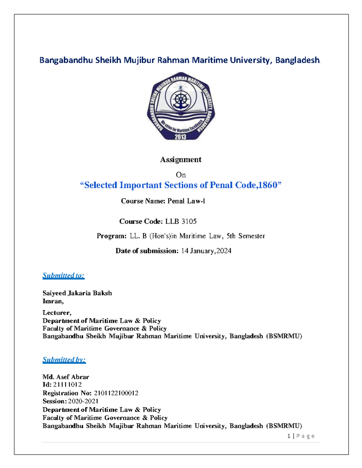 Id-21111012-Penal Law-I Assignment - 1 | P a g e Bangabandhu Sheikh Mujibur Rahman Maritime ...