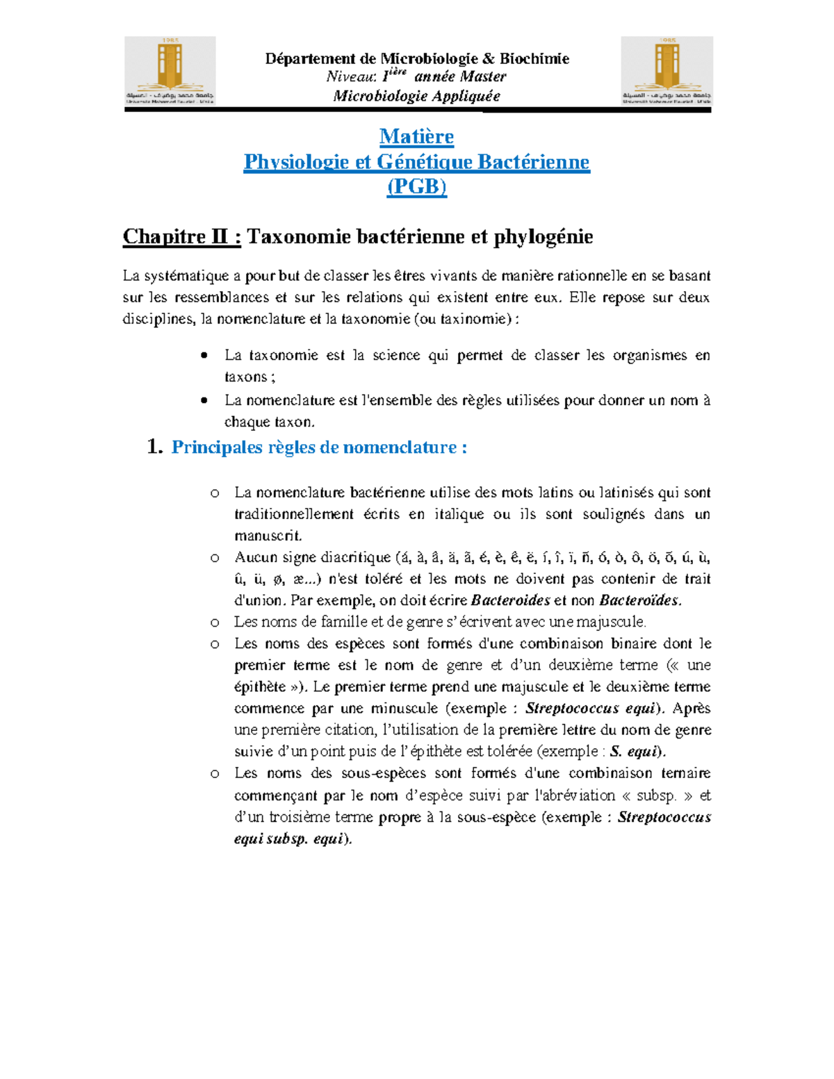 Chapitre II - master 1 - Niveau: 1 ière année Master Microbiologie ...