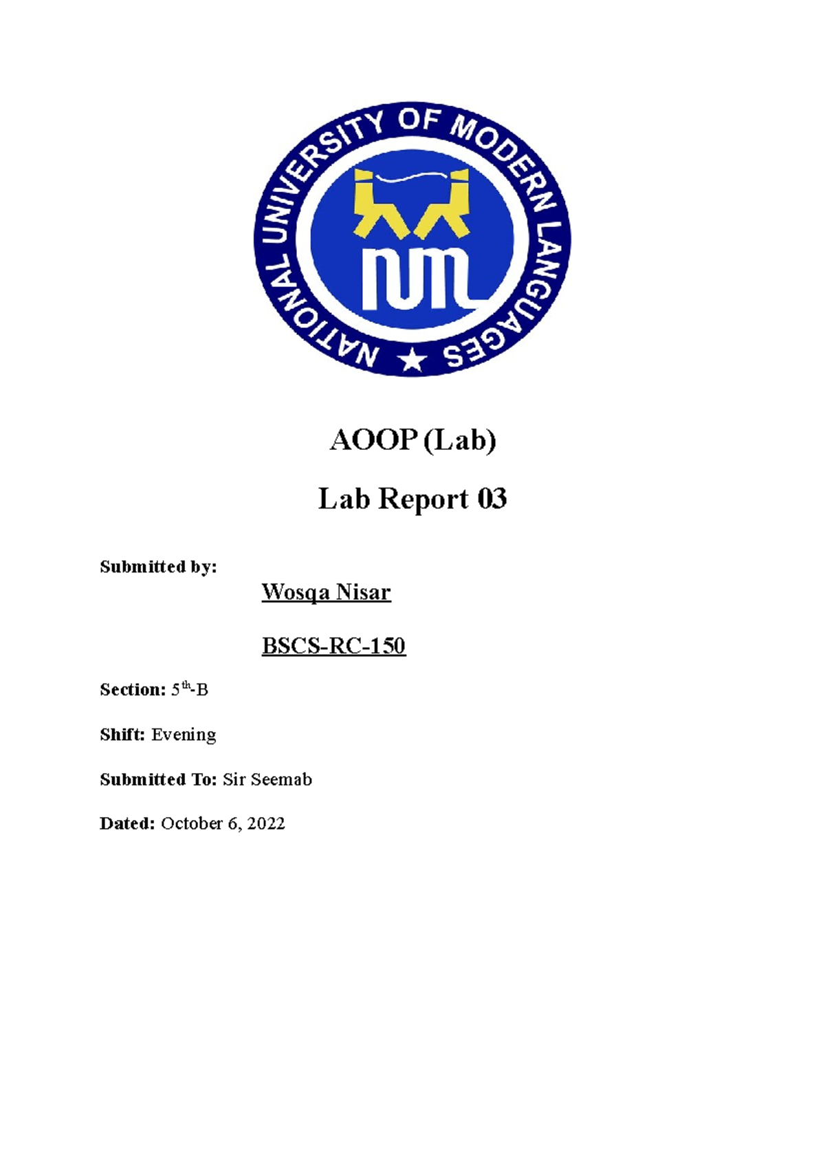 AOOP lab 3 - it is very helpful for students in their studies - AOOP (Lab) Lab Report 03 ...