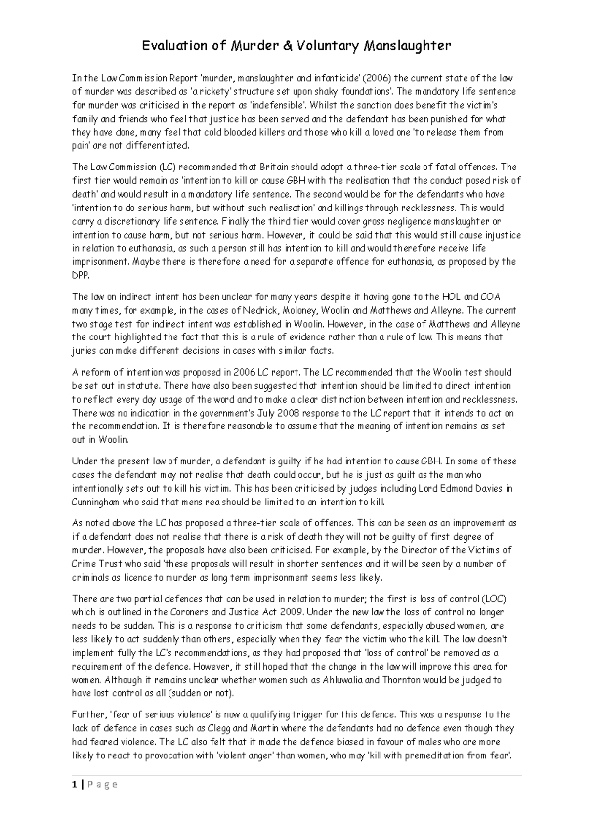 Evaluation of Murder - The mandatory life sentence for murder was ...