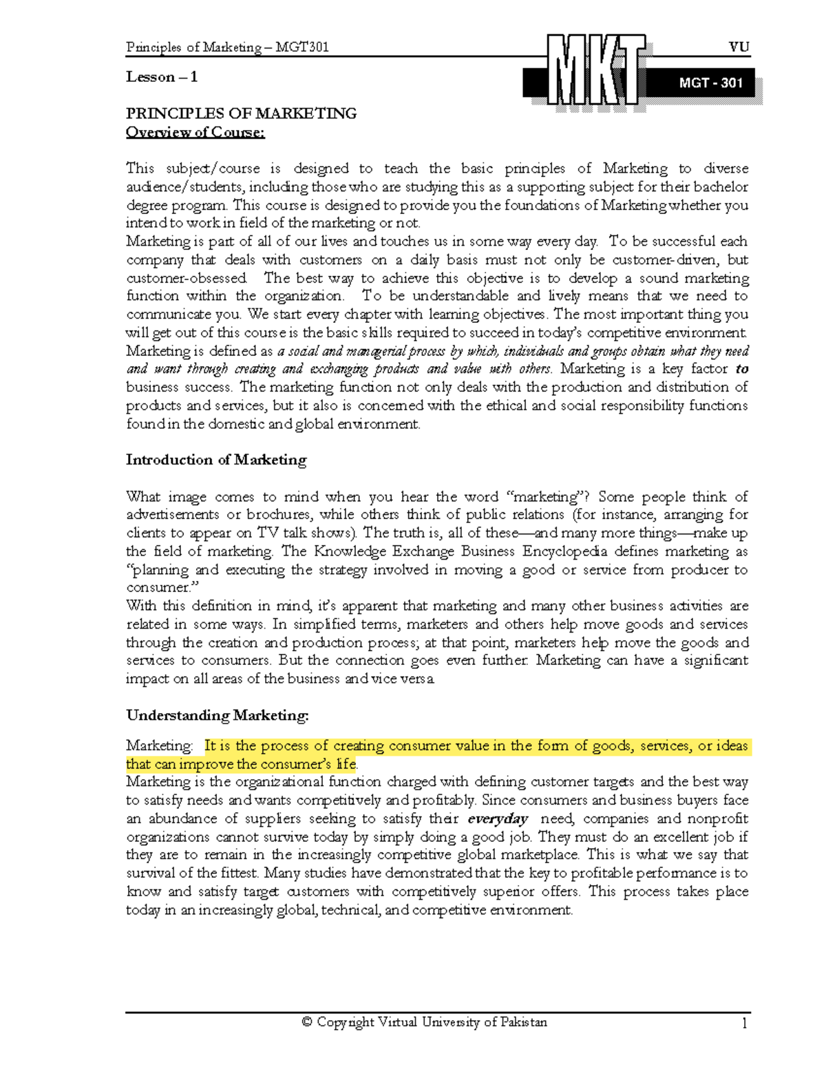 Vdocument - Lesson – 1 ####### PRINCIPLES OF MARKETING Overview of ...