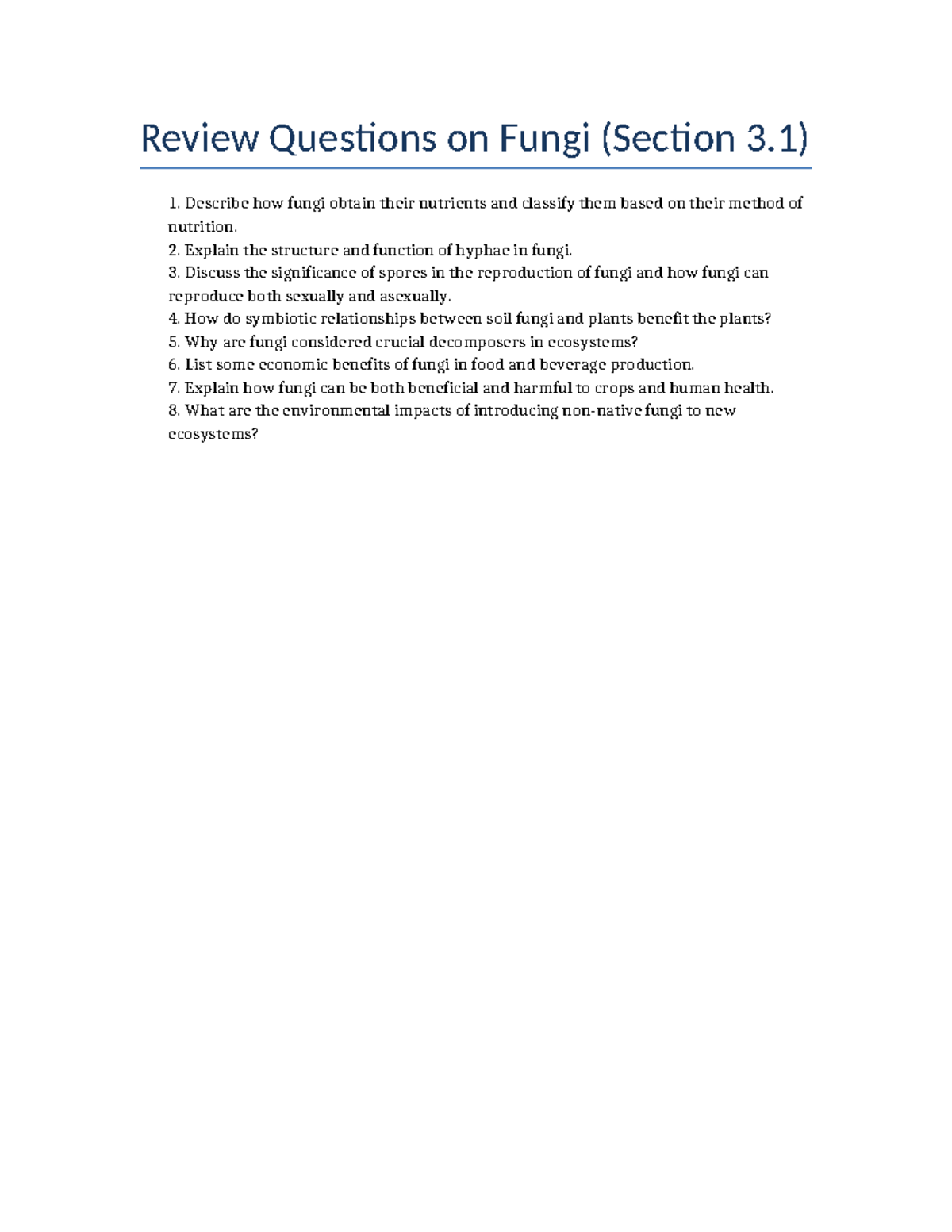 Fungi Review Questions - Review Questions on Fungi (Section 3) 1 ...