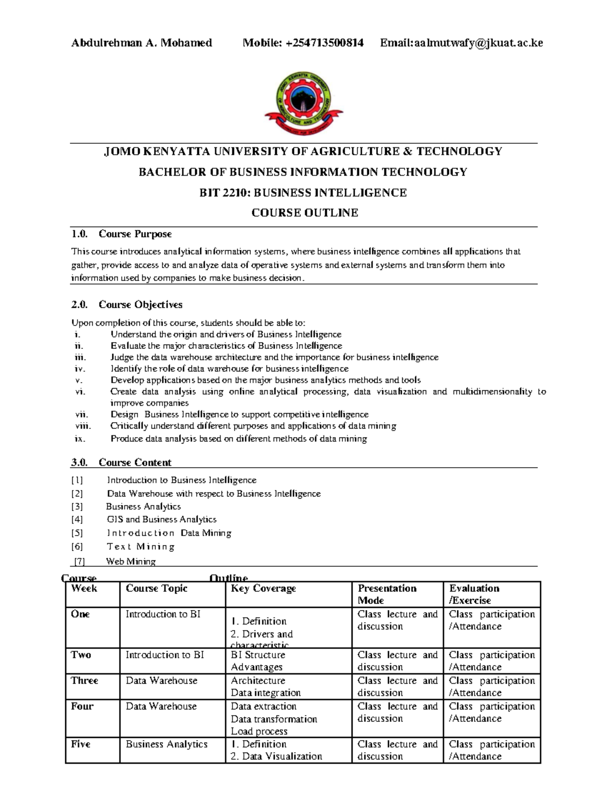 BIT 2210 - Business Intelligence Course Outline - Week Course Topic Key ...