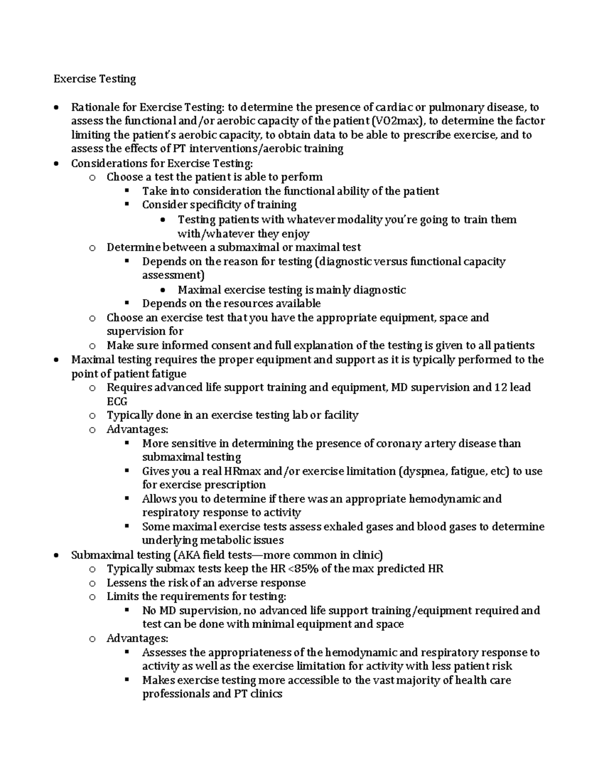 Lecture notes - all lectures - Exercise Testing Rationale for Exercise ...
