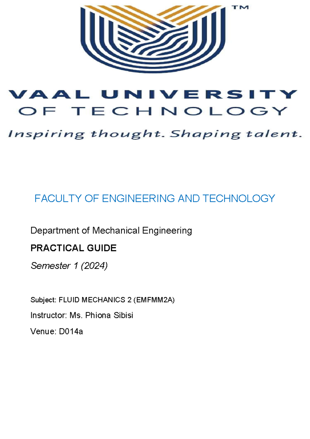 Fluid Mechanics 2 Practical Guide - FACULTY OF ENGINEERING AND ...