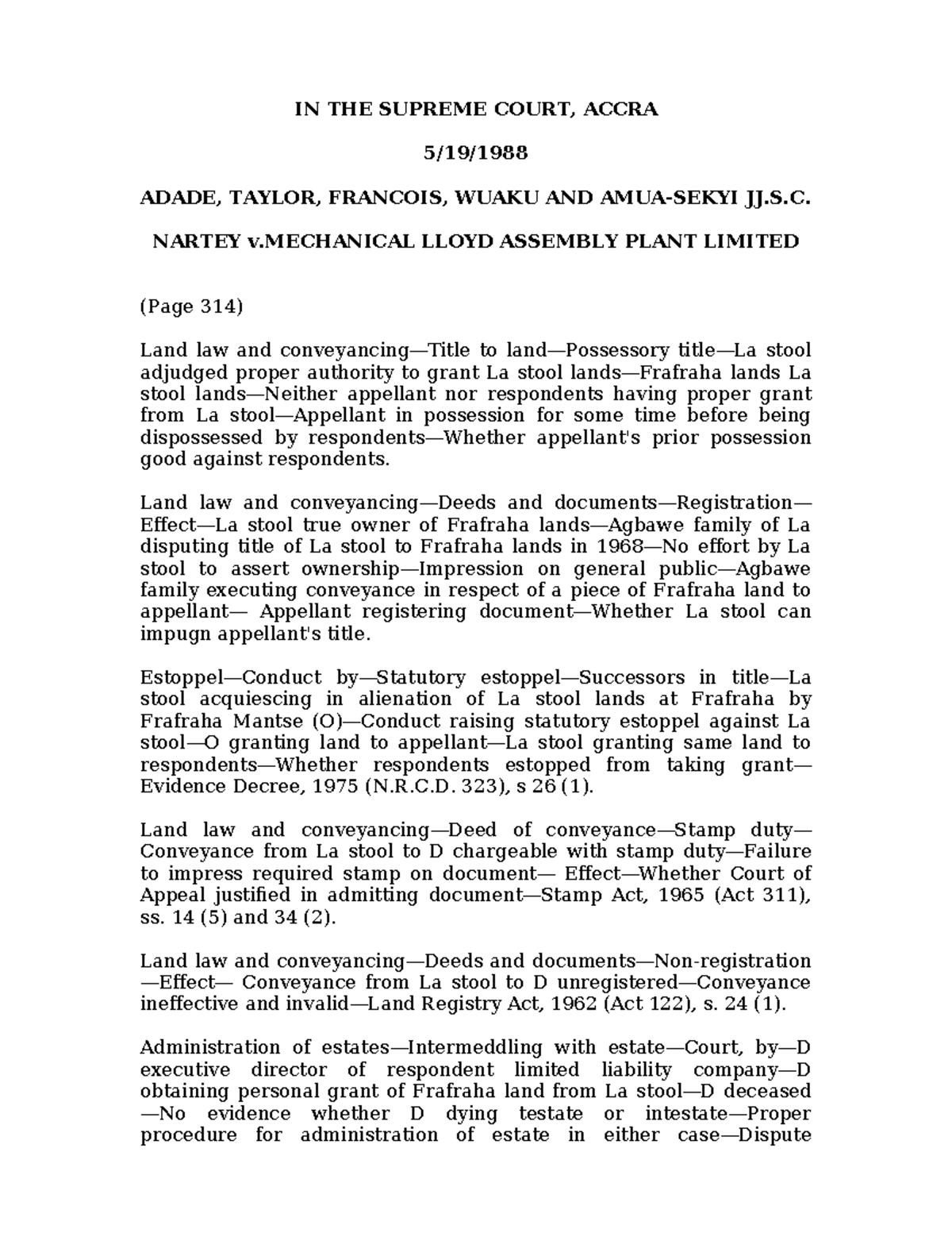 Nartey v. Mechanical Llyod - IN THE SUPREME COURT, ACCRA 5/19/ ADADE ...