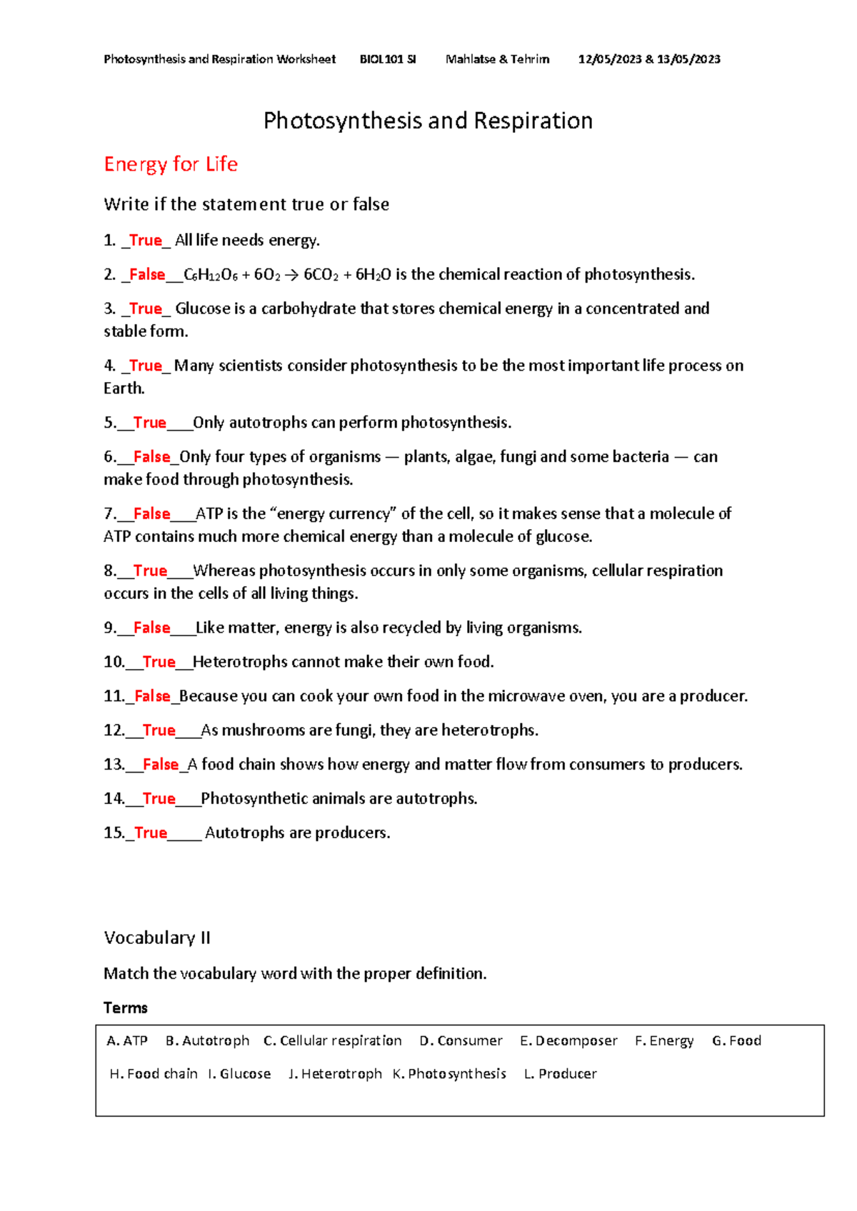 Photosynthesis and respiration MEMO May 2023 - Photosynthesis and ...
