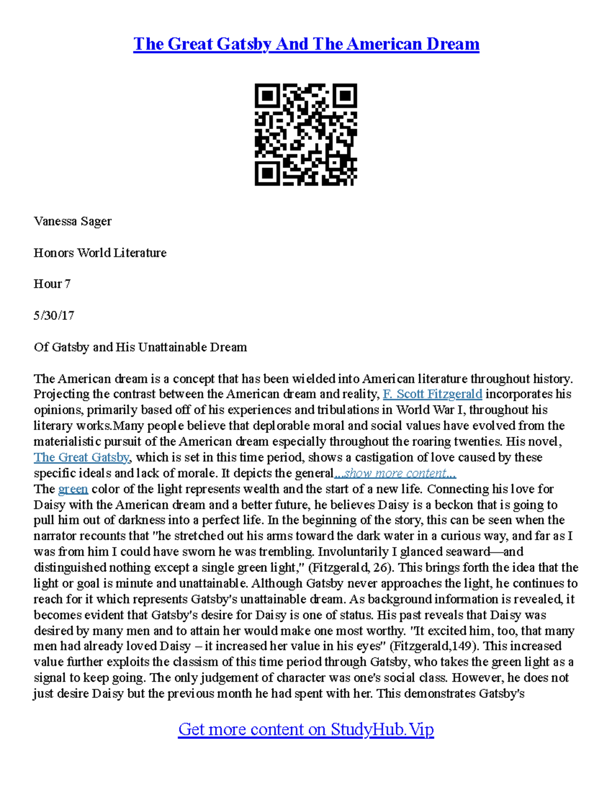 Great Gatsby American Dream Essay - The Great Gatsby And The American ...