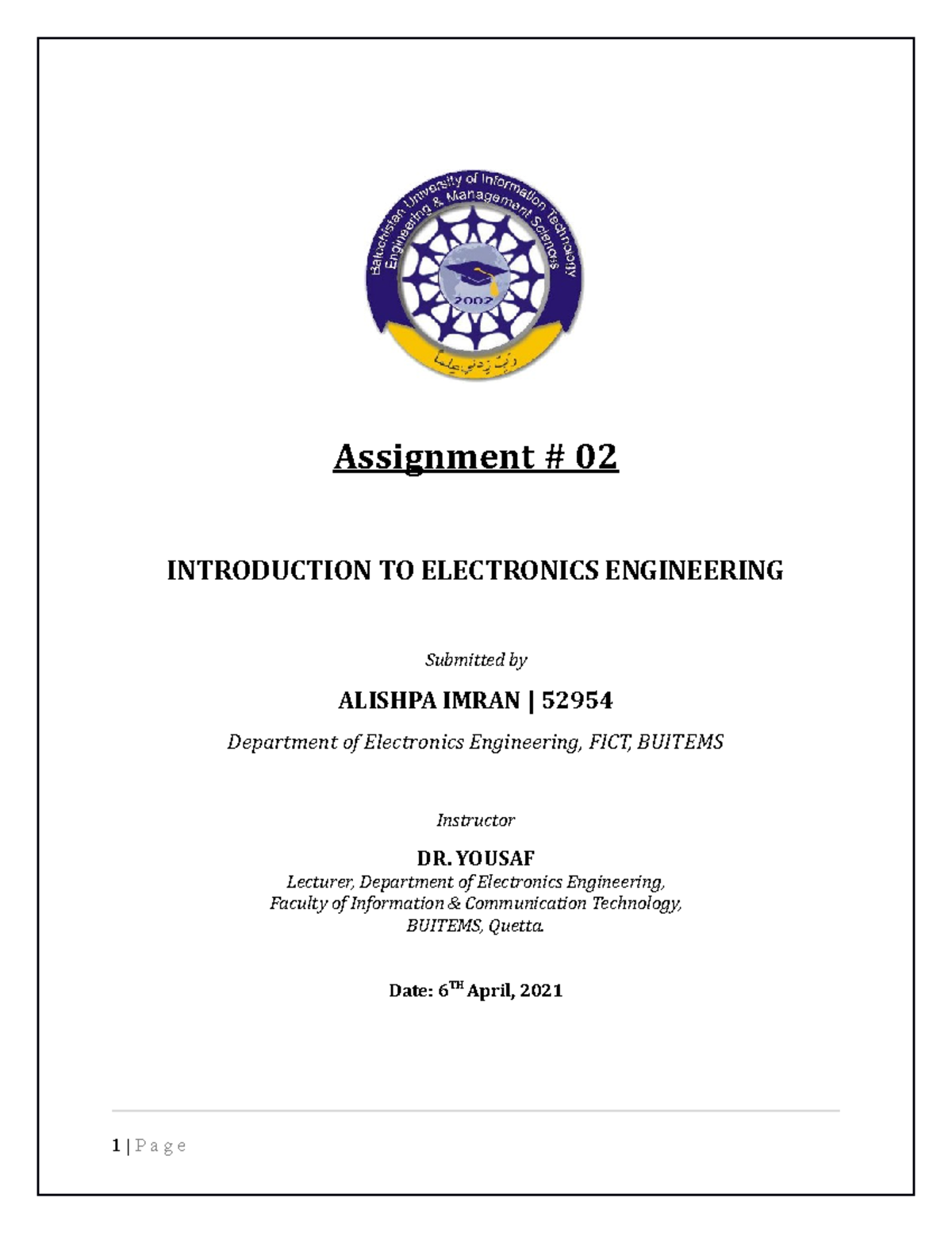 Assignment 2 - ......... - Assignment # 02 INTRODUCTION TO ELECTRONICS ...