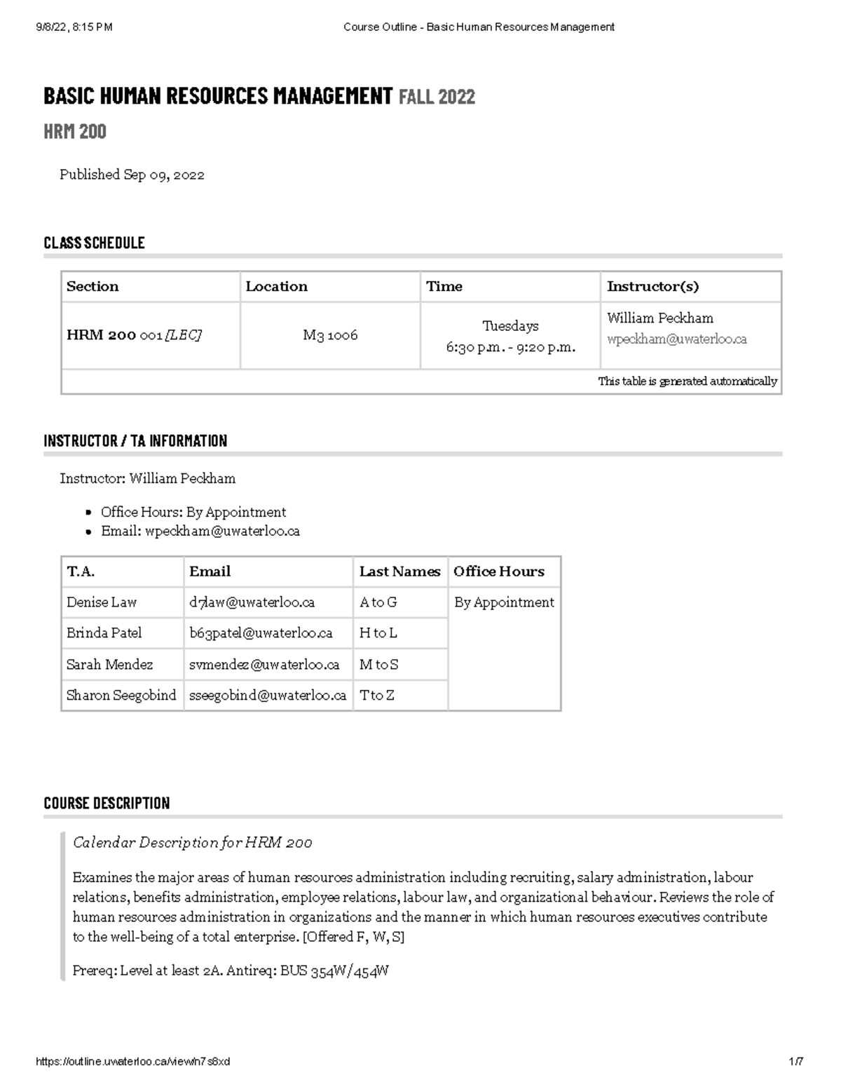 HRM200 Fall 2022 - Course Outline - BASIC HUMAN RESOURCES MANAGEMENT ...