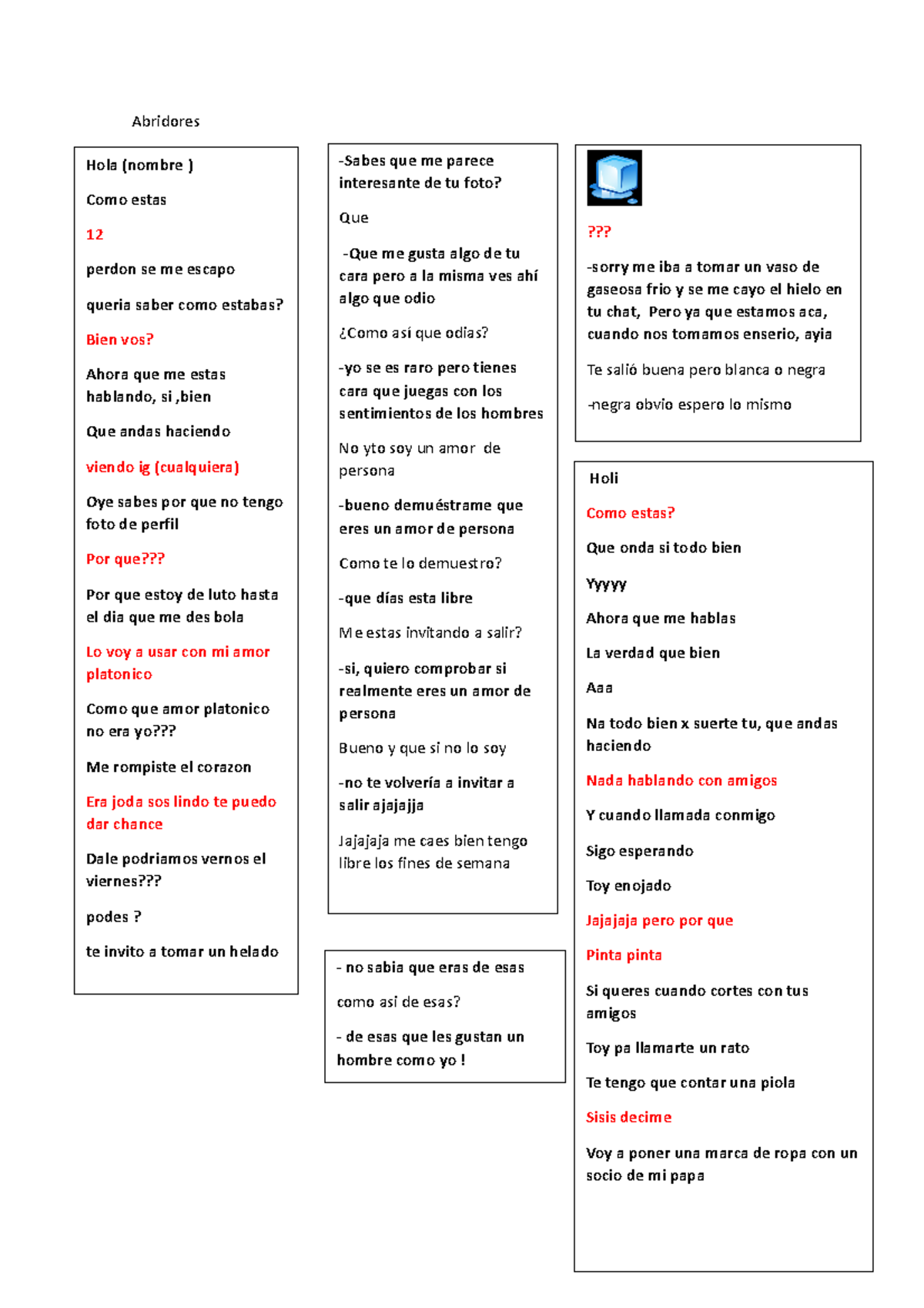 Abridores - WEFwefW - Abridores Hola (nombre ) Como estas 12 perdon se ...