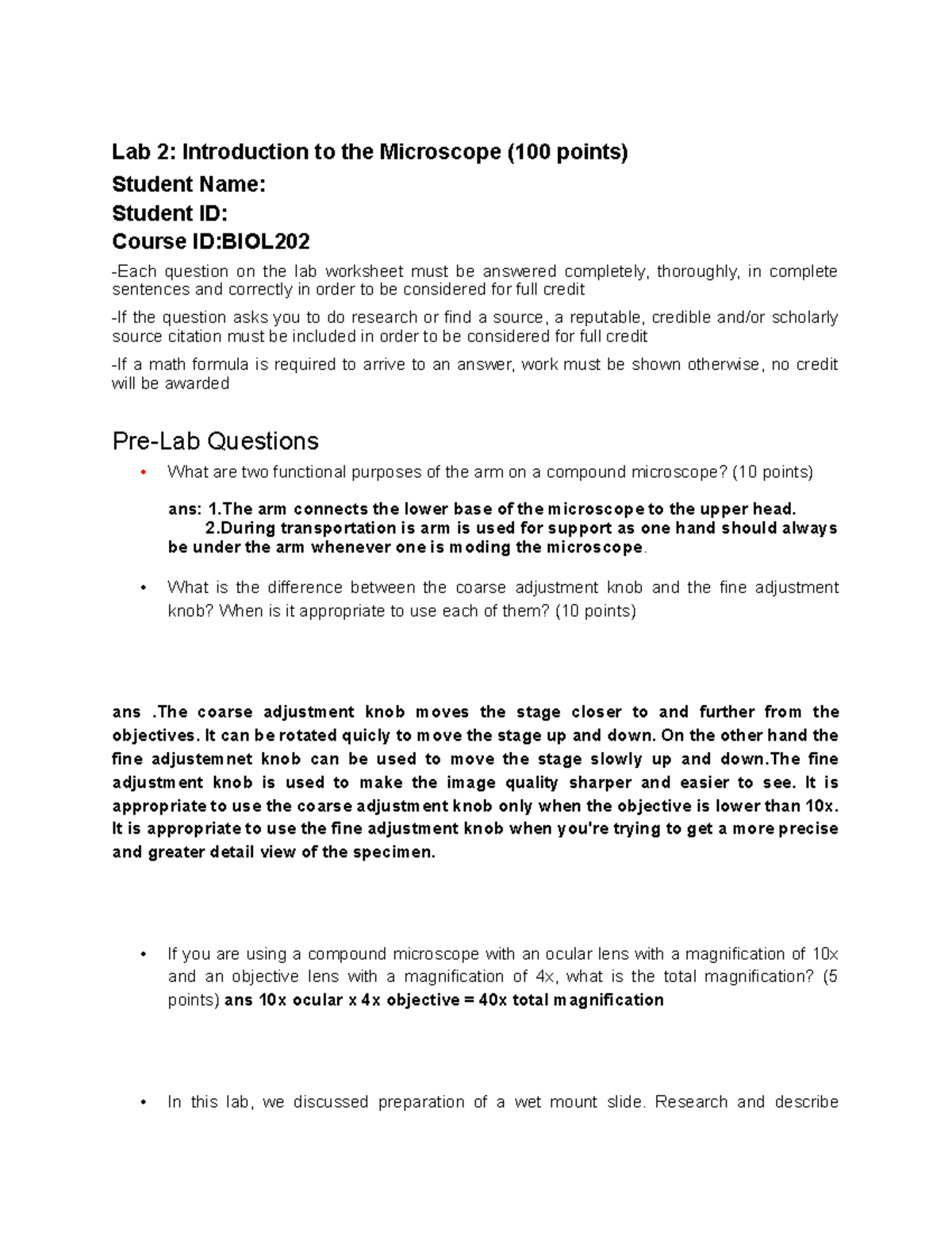 Bio L202 Lab 2 Week 2 Lab Assignment Lab 2 Introduction To The Microscope 100 Points