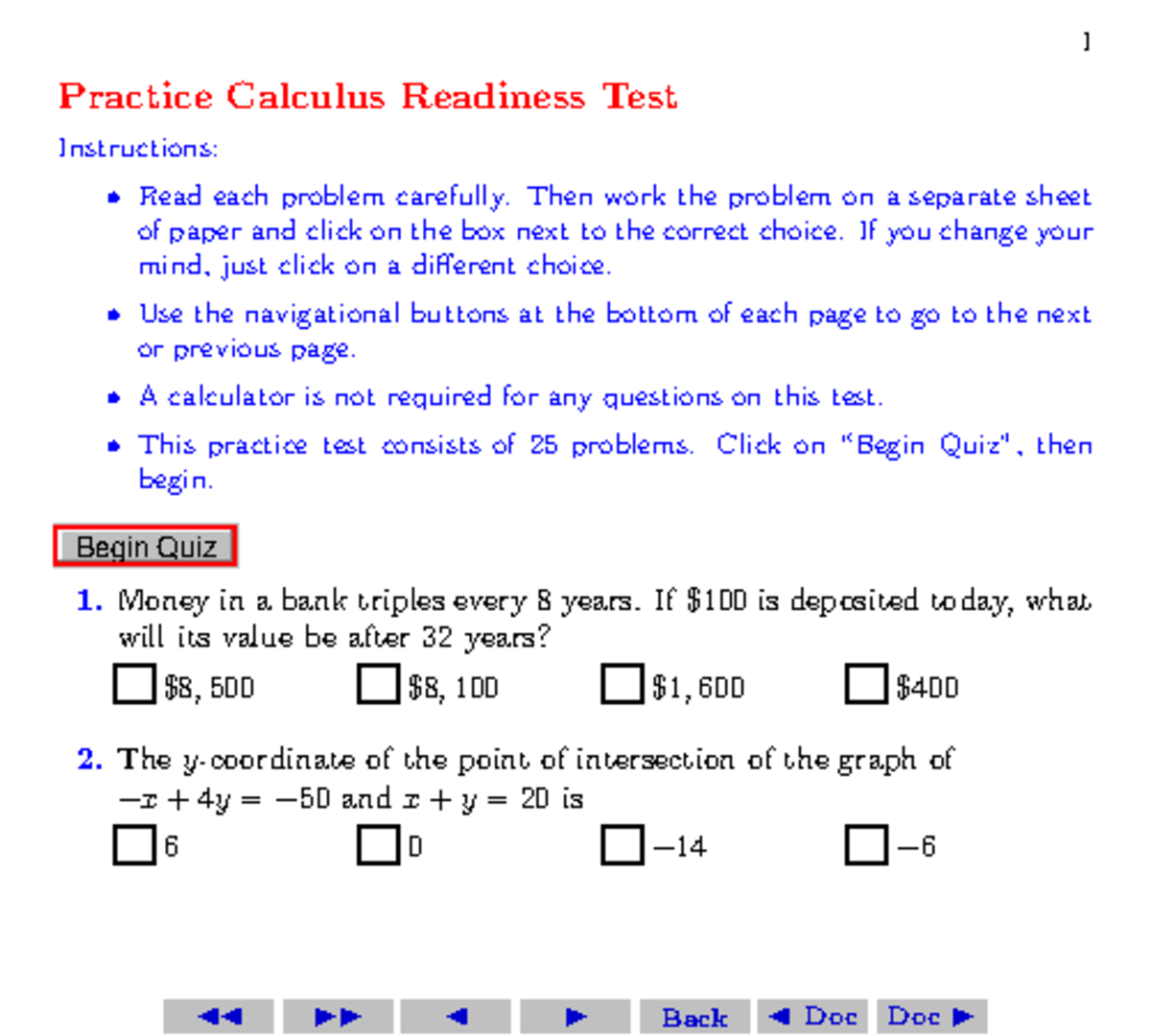 Precalculus 01 - Notes - Practice Calculus Readiness Test Instructions ...
