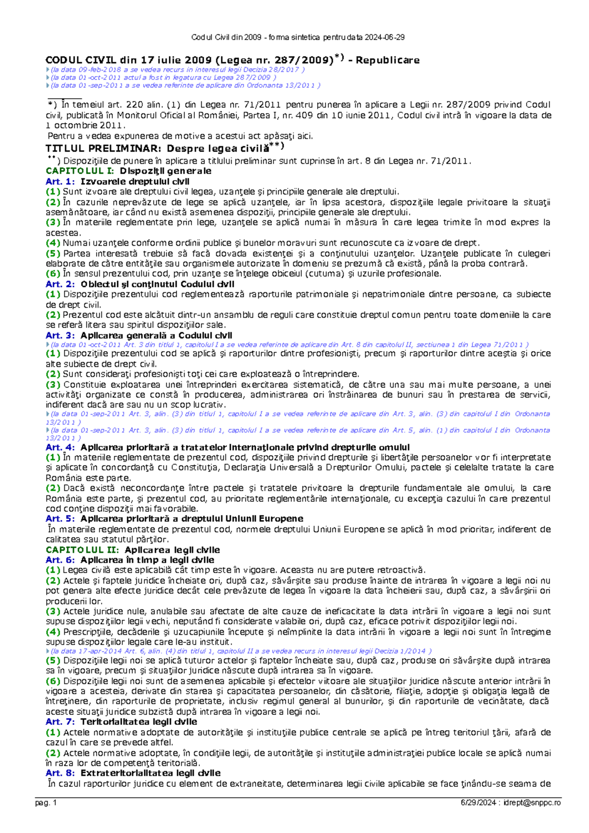 Codul civil din 2009 forma sintetica pentru data 2024 06 29 - CODUL ...