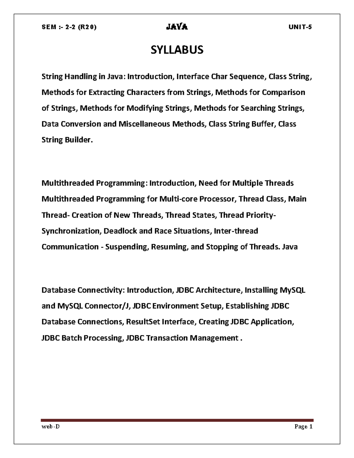 JAVA UNIT-5 - Java Programming - SYLLABUS String Handling in Java: Introduction, Interface Char ...
