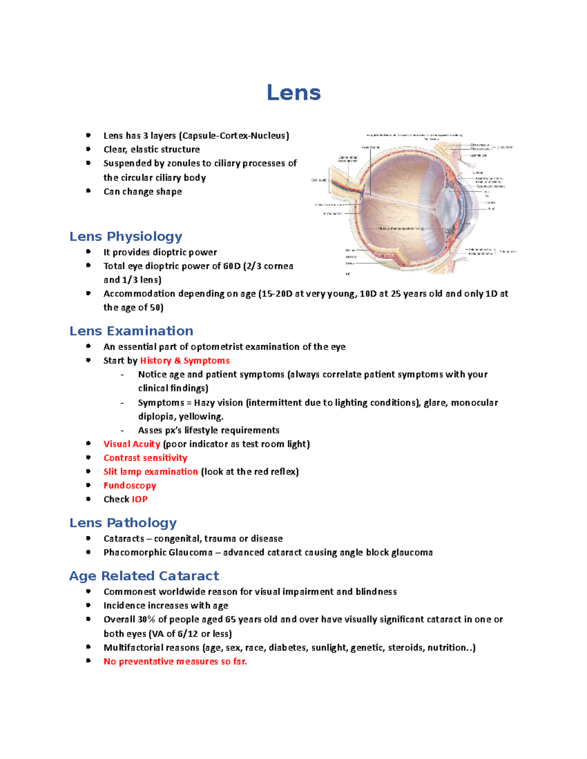 6- Lens notes - n/a - Lens Lens has 3 layers (Capsule-Cortex-Nucleus ...