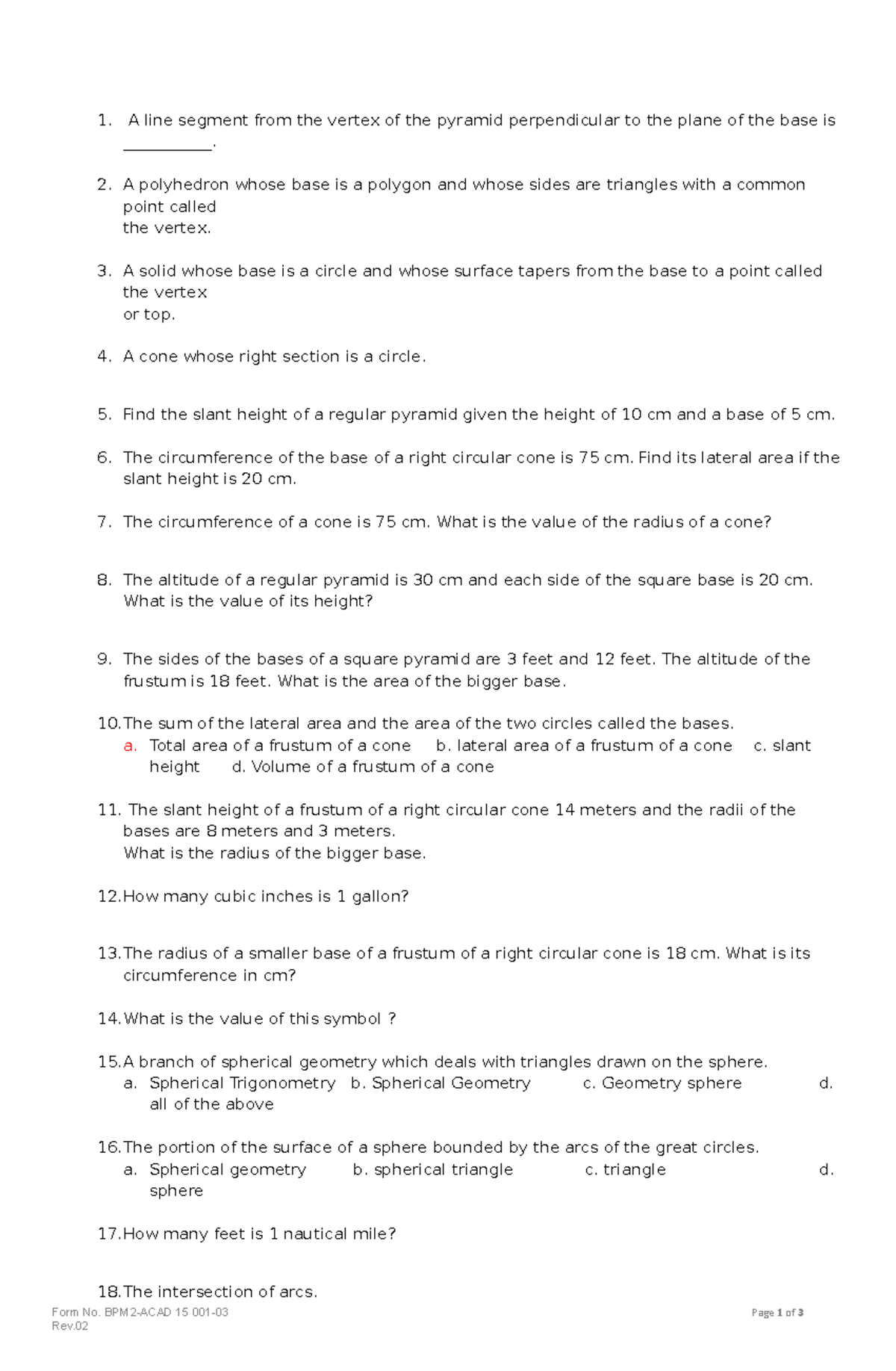 MAT-217-Reviewer - MAT REVIEWER 217 - A line segment from the vertex of ...