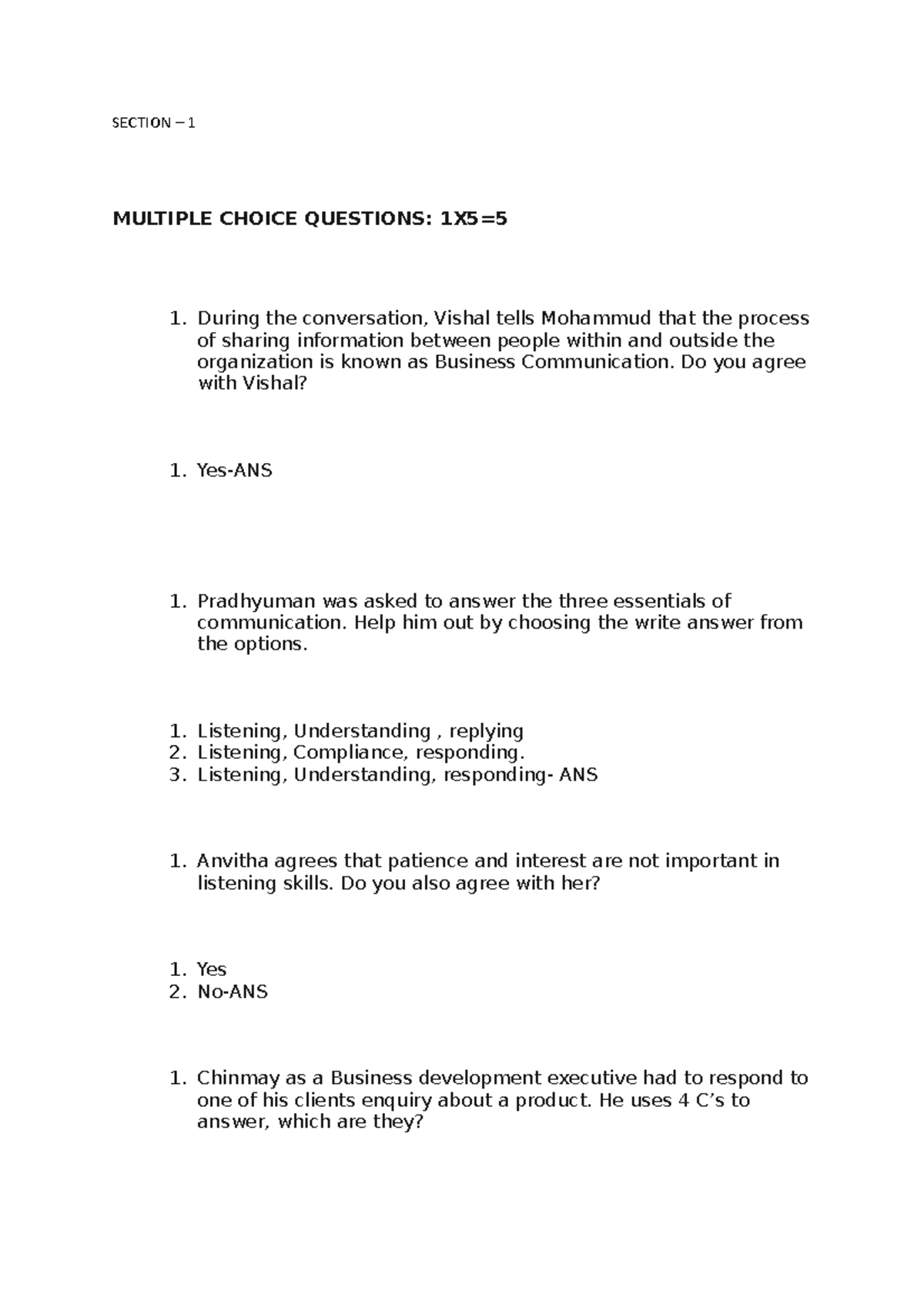 BCM 1 - NOTES - SECTION – 1 MULTIPLE CHOICE QUESTIONS: 1X5= During the ...