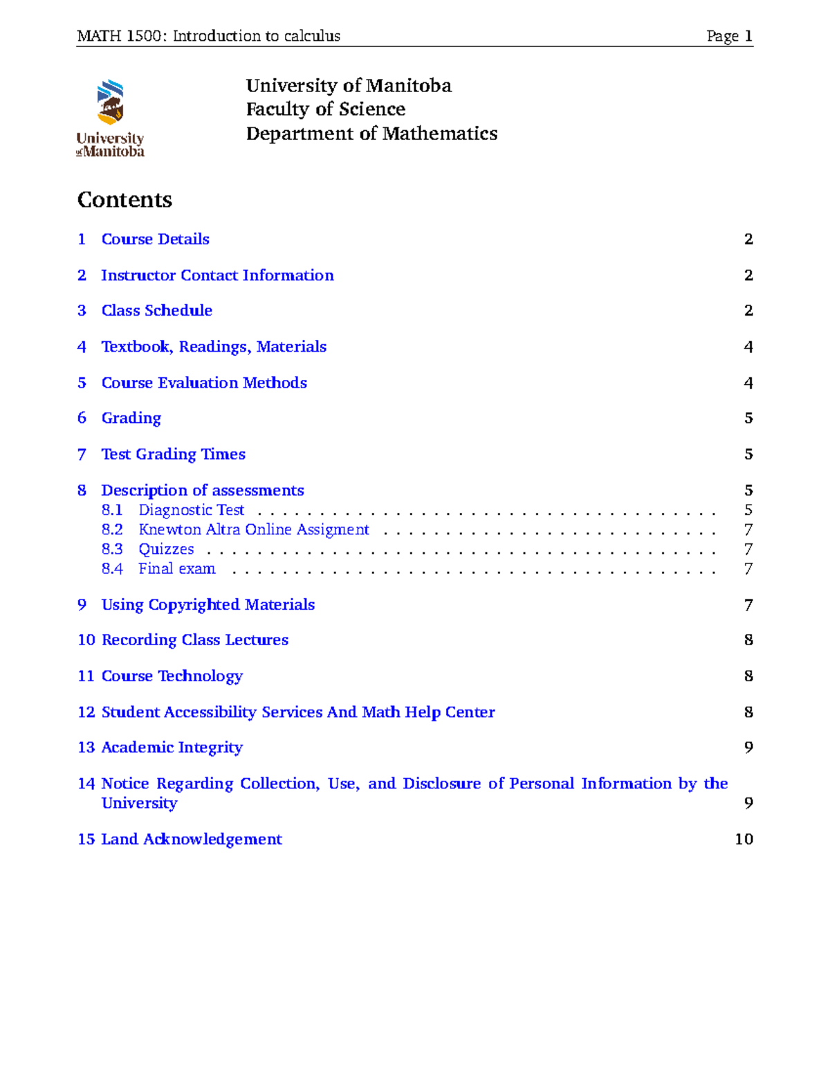 2023S MATH1500 Course Syllabus - University of Manitoba Faculty of ...