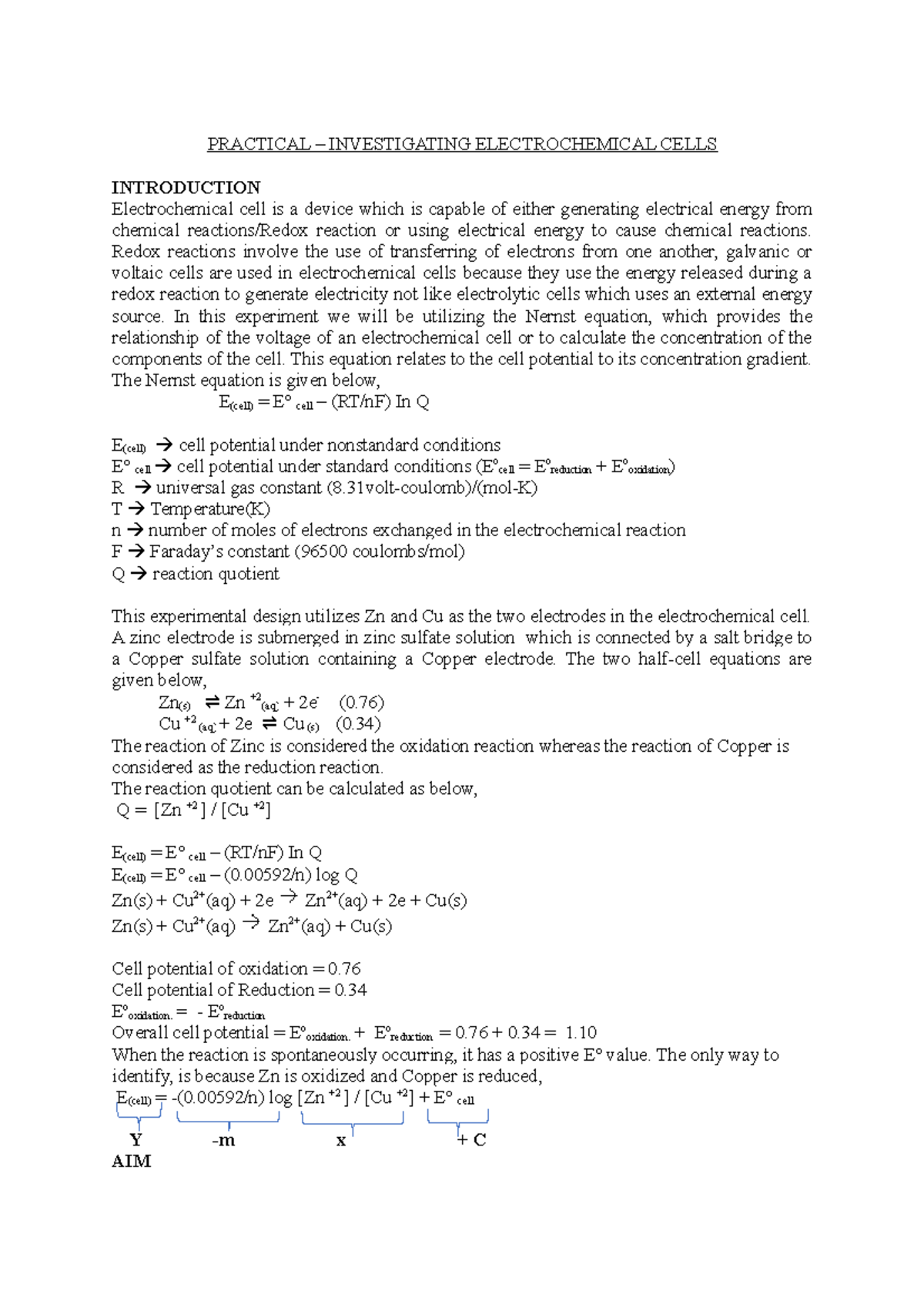 Lab report 04 (chem) - PRACTICAL – INVESTIGATING ELECTROCHEMICAL CELLS ...