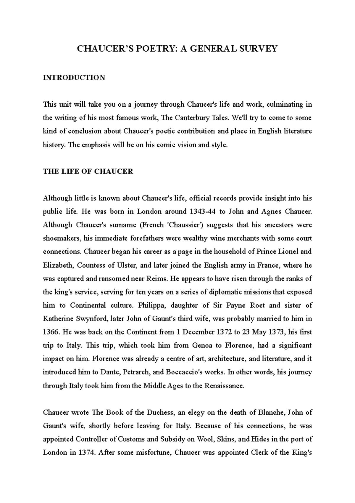 Chaucer’S Poetry- A General Survey - English Literature - AMU - Studocu