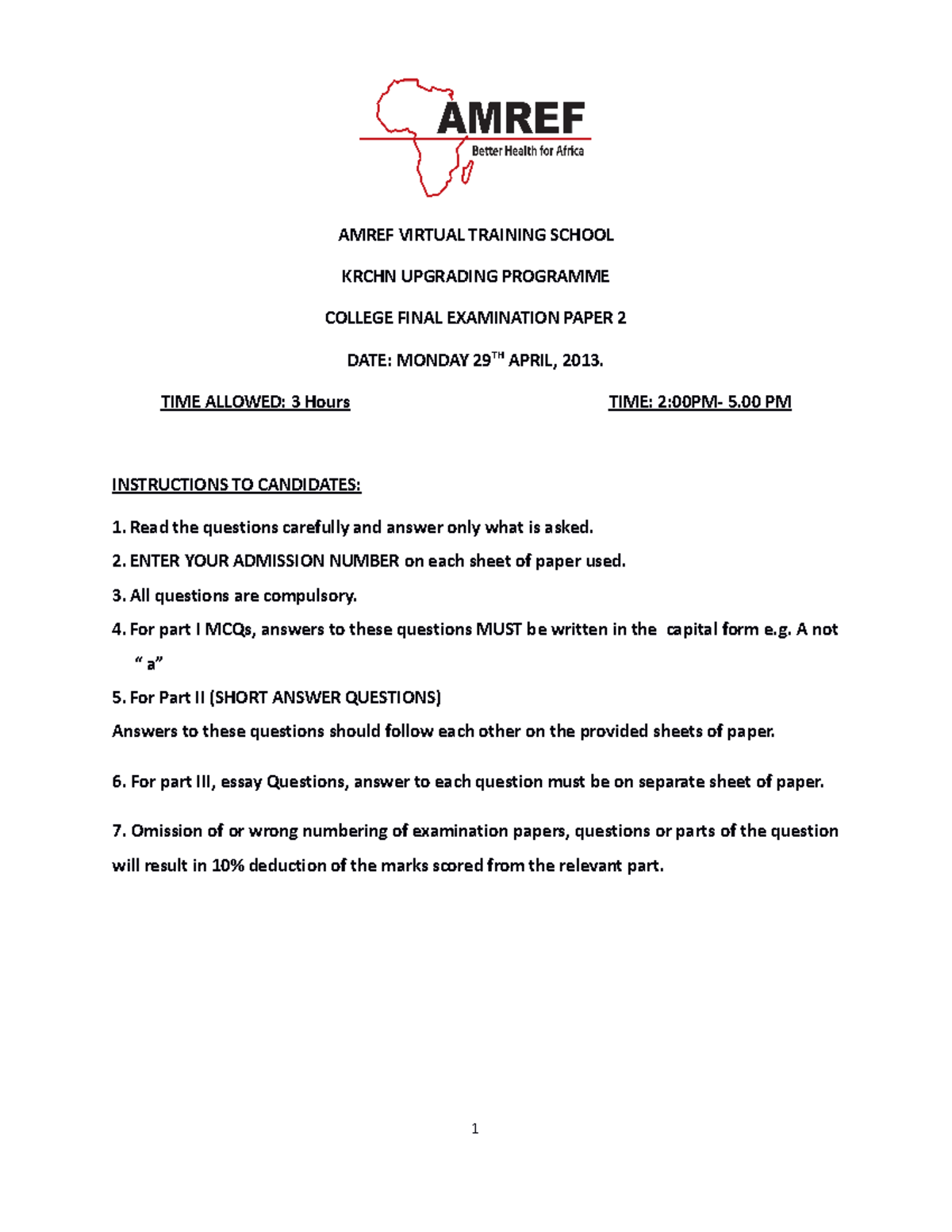 College Final paper 2 - AMREF VIRTUAL TRAINING SCHOOL KRCHN UPGRADING ...