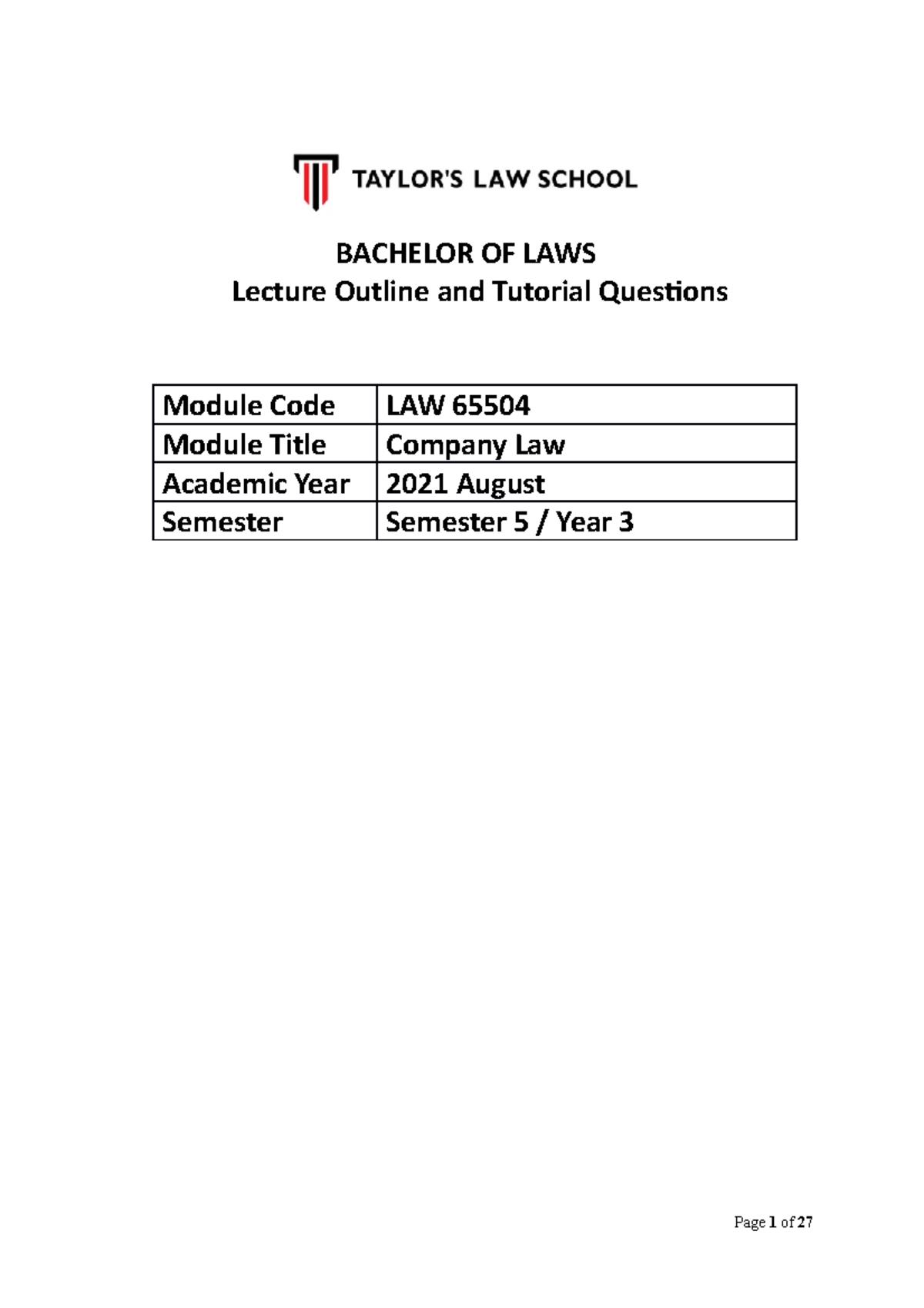 LOTG - Company Law lecture and tutorial guide - BACHELOR OF LAWS ...