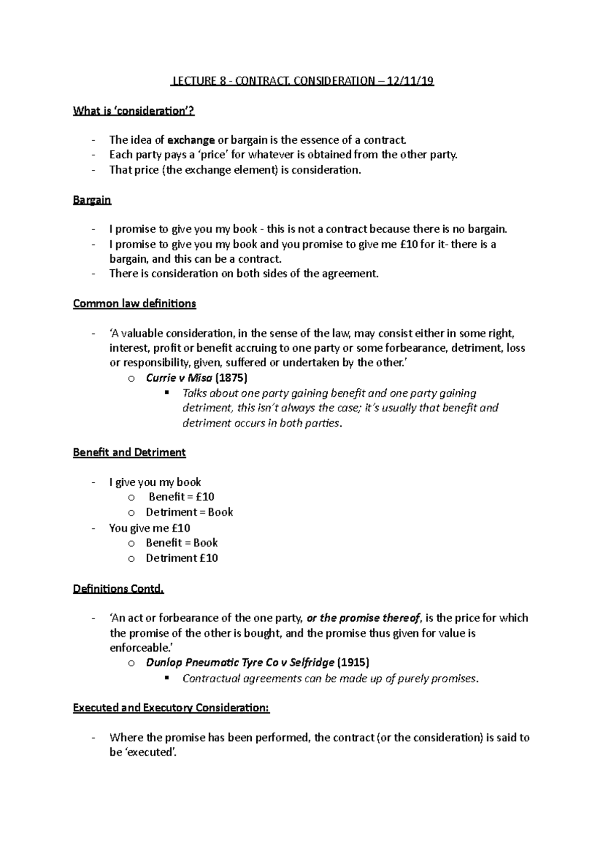 Consideration - Contract law - LECTURE 8 - CONTRACT, CONSIDERATION – 12/11/ What is ...