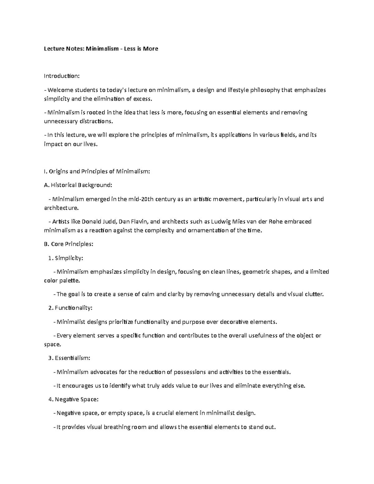 Lecture Notes: Minimalism - Less is More - Lecture Notes: Minimalism ...