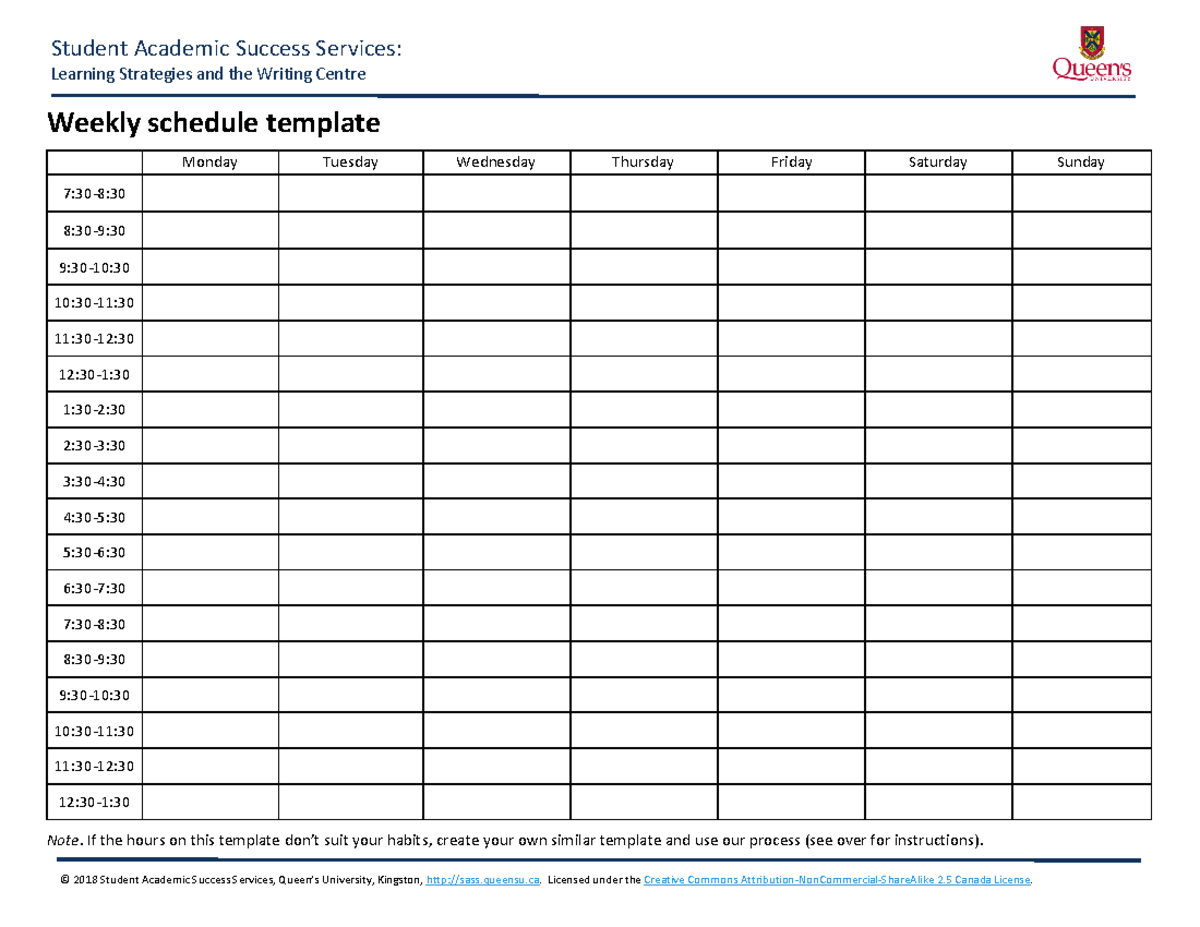 Weekly Schedule - notes - © 2018 Student Academic Success Services ...