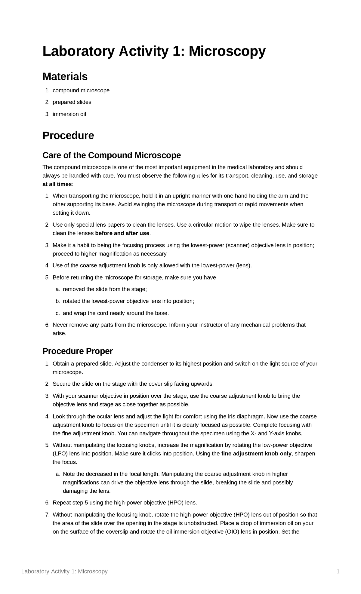 1 - None - Laboratory Activity 1: Microscopy 1 Laboratory Activity 1 ...