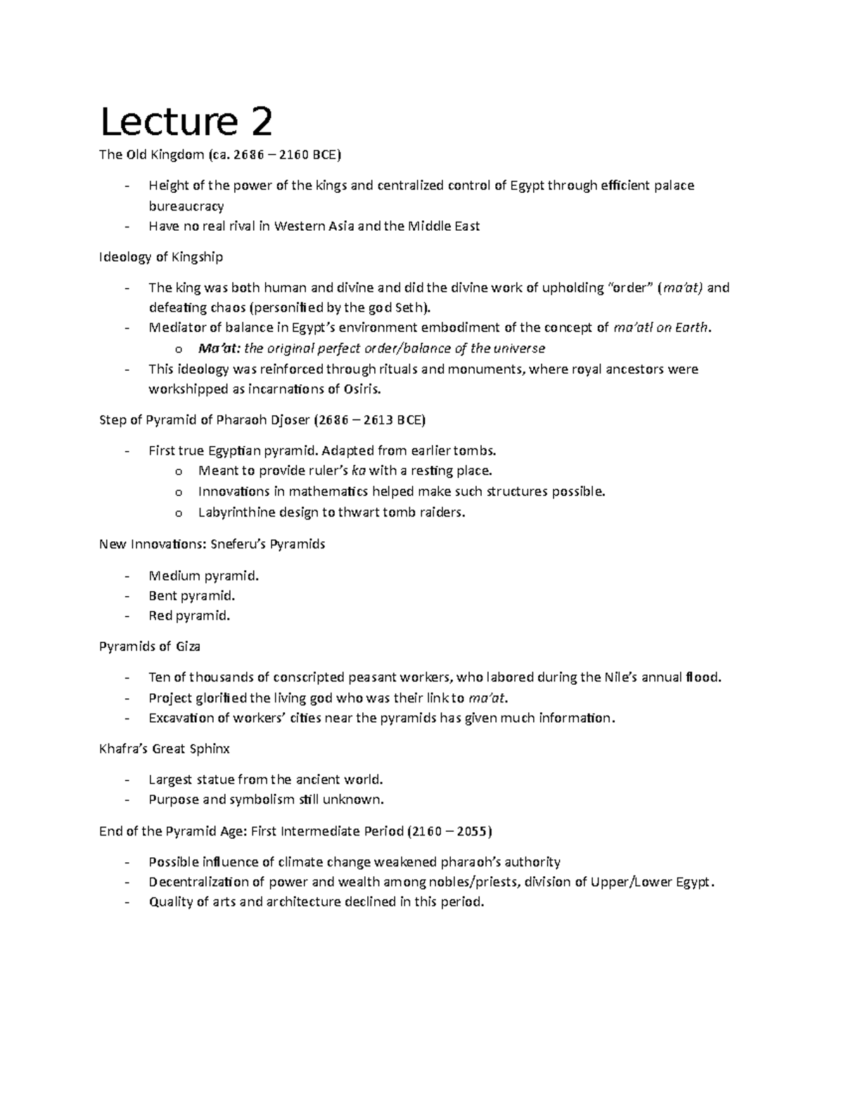 Lecture 2 - Lecture 2 The Old Kingdom (ca. 2686 – 2160 BCE) Height of ...