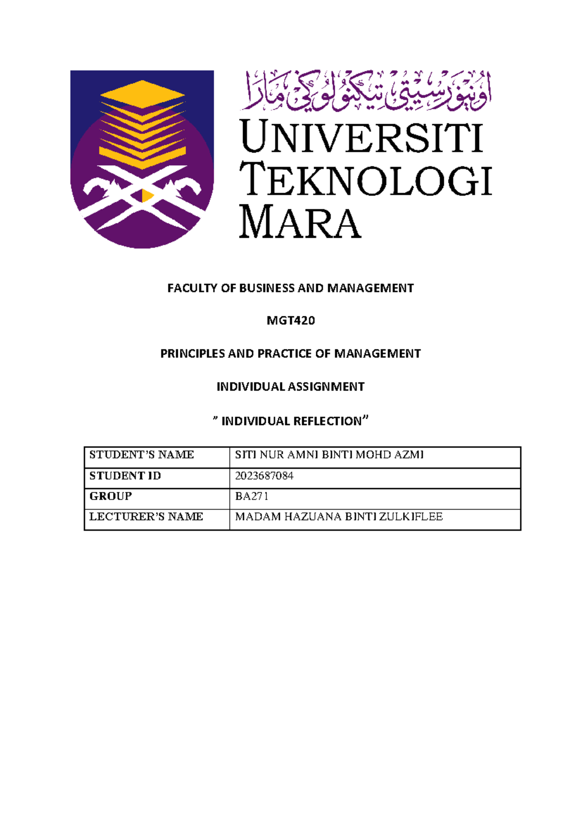 MGT Individual Assignment - FACULTY OF BUSINESS AND MANAGEMENT MGT ...