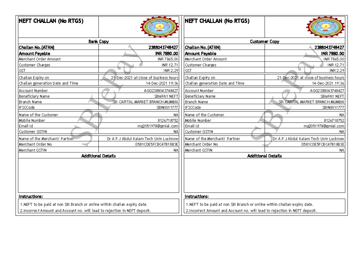 14 12 21 193628 2388043748427 - SBIePay SBIePay NEFT CHALLAN (No RTGS ...