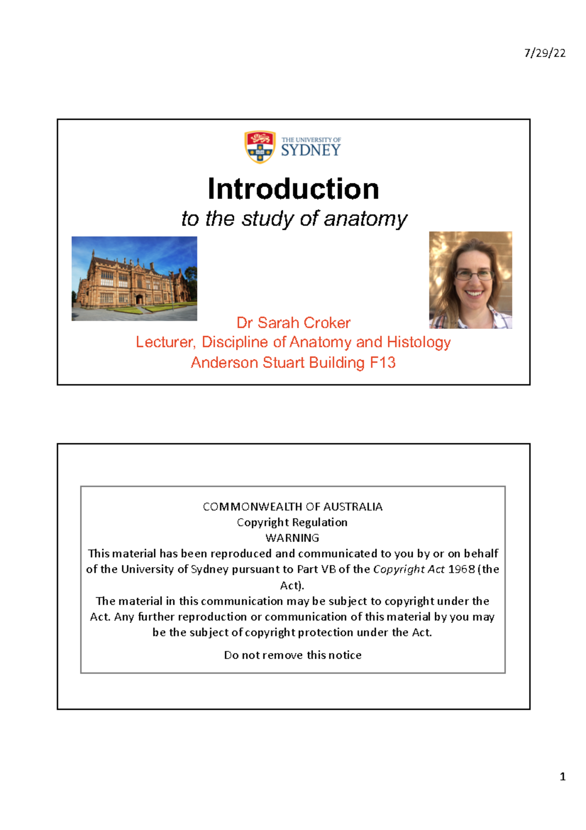 MEDS2005 Intro Sem 2 2022 - Introduction to the study of anatomy Dr ...