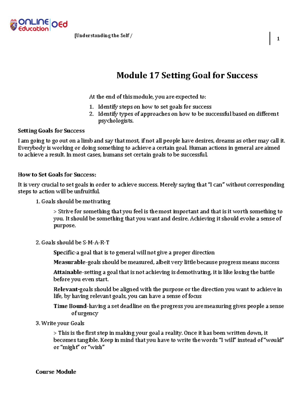 Setting goal for success - [Understanding the Self / 1 Course Module ...