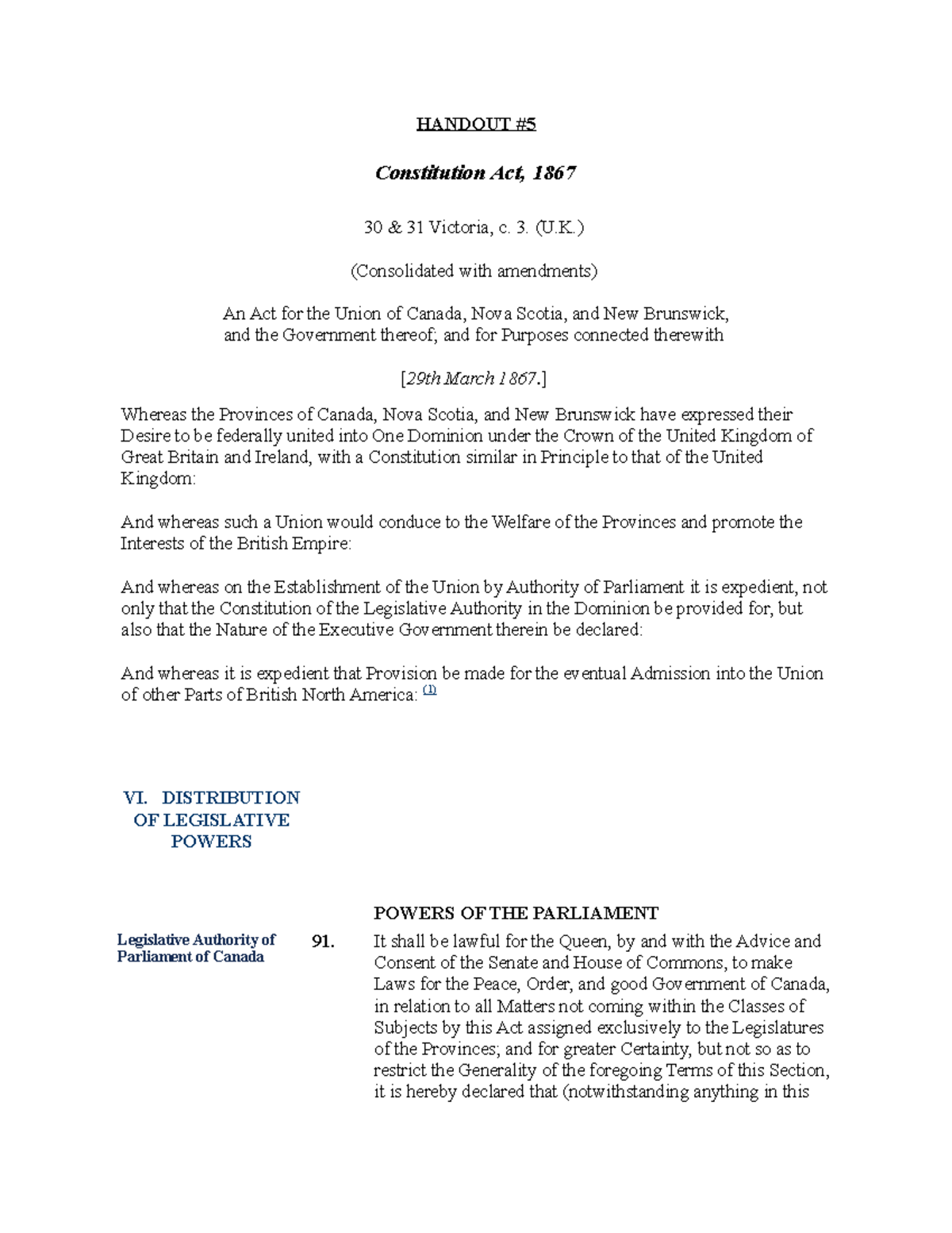 Handout 5 Constitution Act,1867 - HANDOUT Constitution Act, 1867 30 ...
