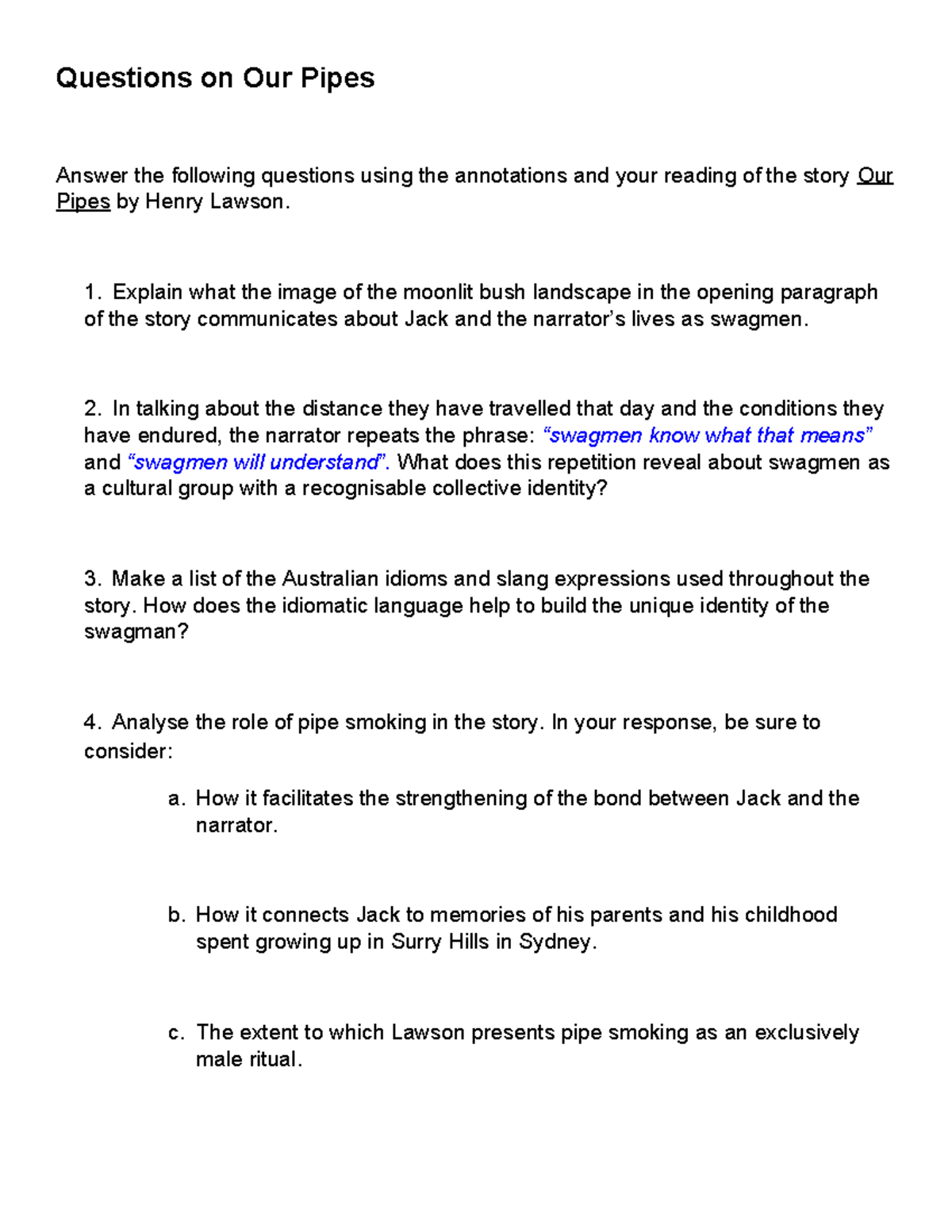 Our Pipes Questions - Module B: Henry Lawson - Questions on Our Pipes ...