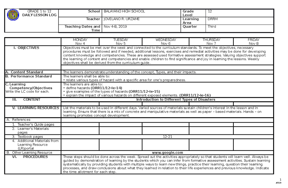 DRRM week 2 - DLL IN DRRR WEEK 2 - GRADE 1 to 12 DAILY LESSON LOG ...